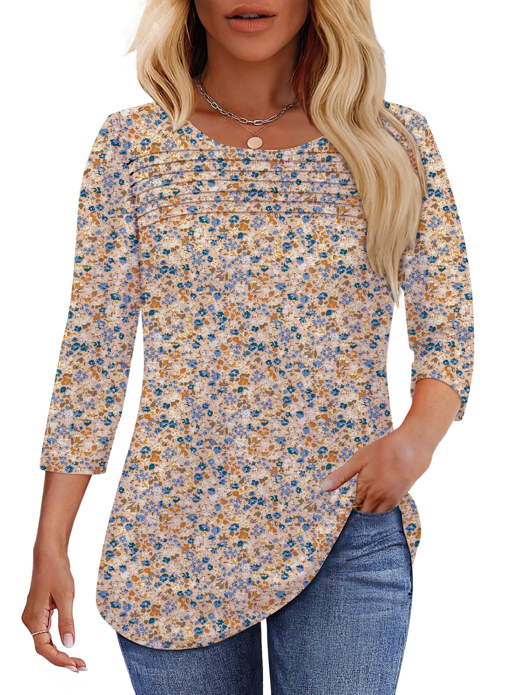 UVN Women Tunic Tops Summer 3/4 Length Sleeve Blouses Casual Crewneck ...