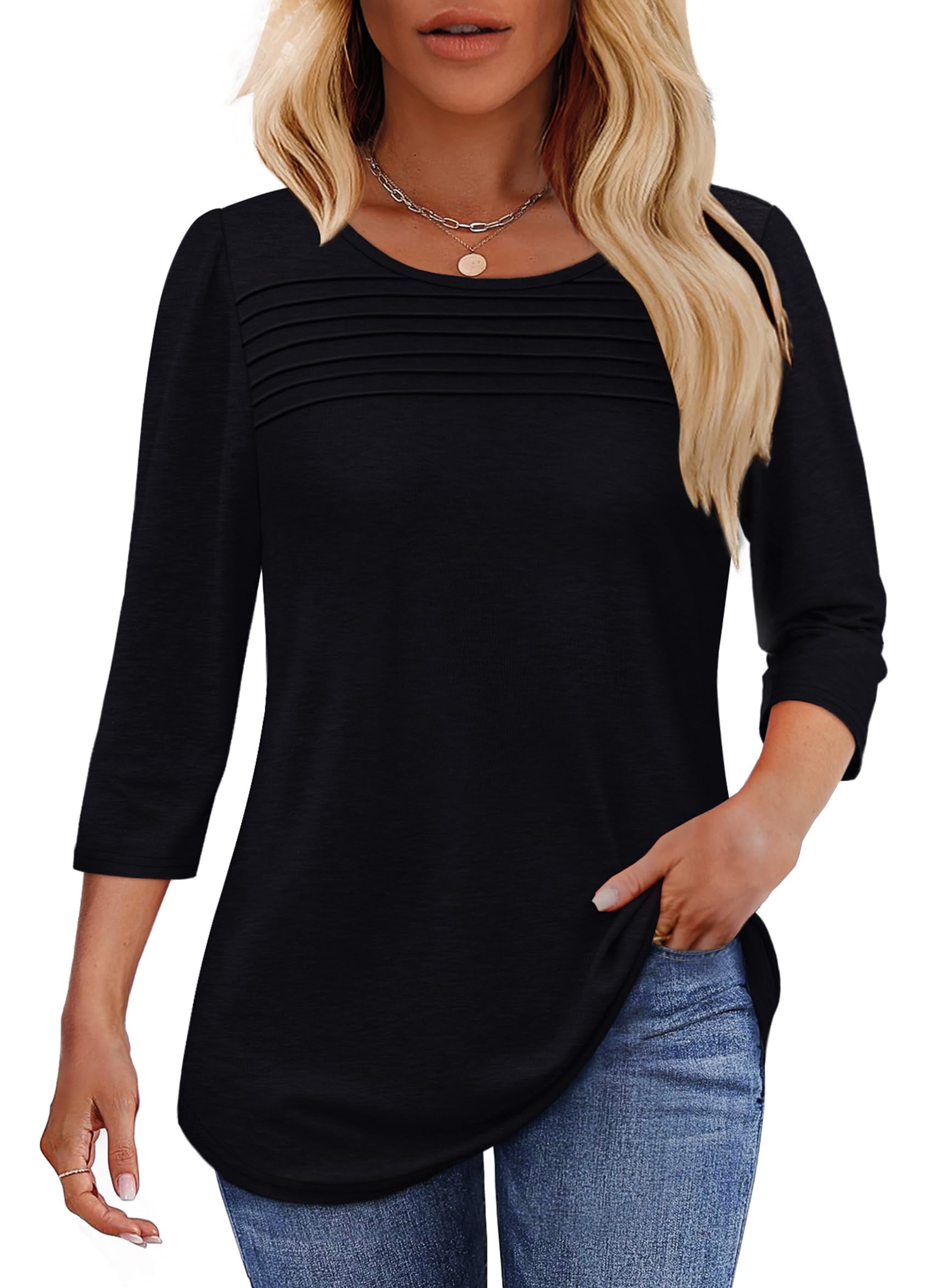 UVN Women Tunic Tops Summer 3/4 Length Sleeve Blouses Casual Crewneck ...