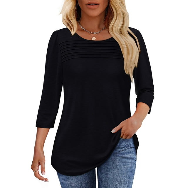 UVN Women Tunic Tops Summer 3/4 Length Sleeve Blouses Casual Crewneck ...