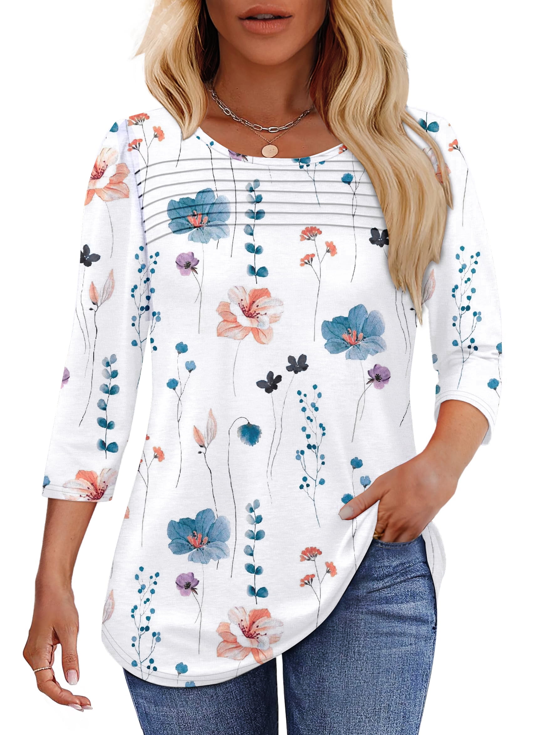 UVN Women Tunic Tops Summer 3/4 Length Sleeve Blouses Casual Crewneck ...