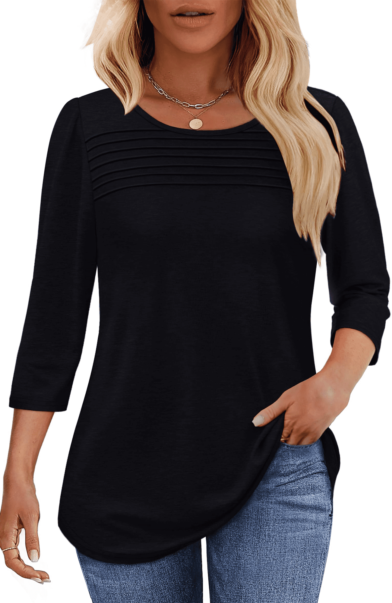 UVN, Women Tunic Tops, summer, 3/4 sleeve pleated casual blouse ...