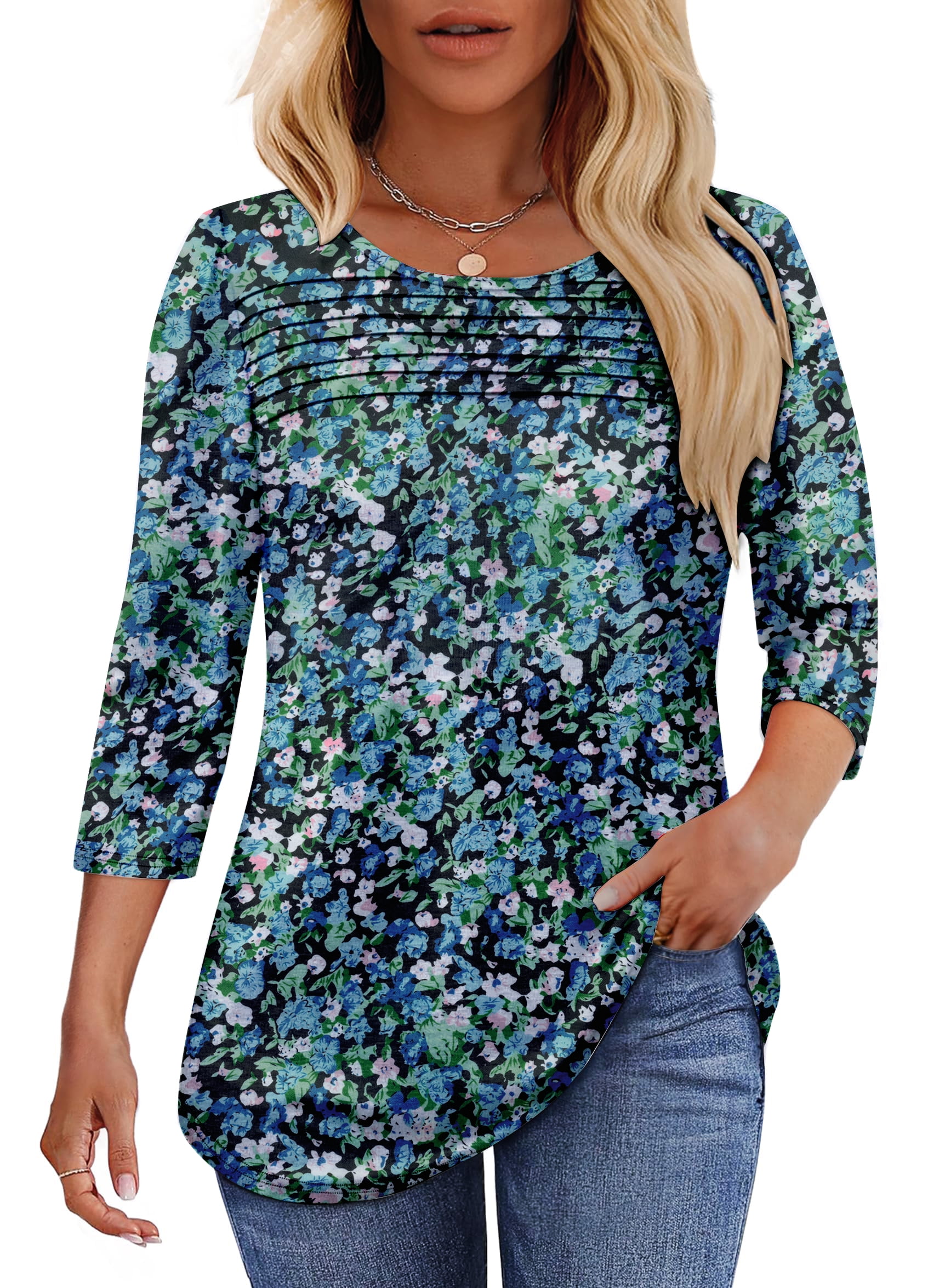 UVN Women Tunic Tops Summer 3/4 Length Sleeve Blouses Casual Crewneck ...