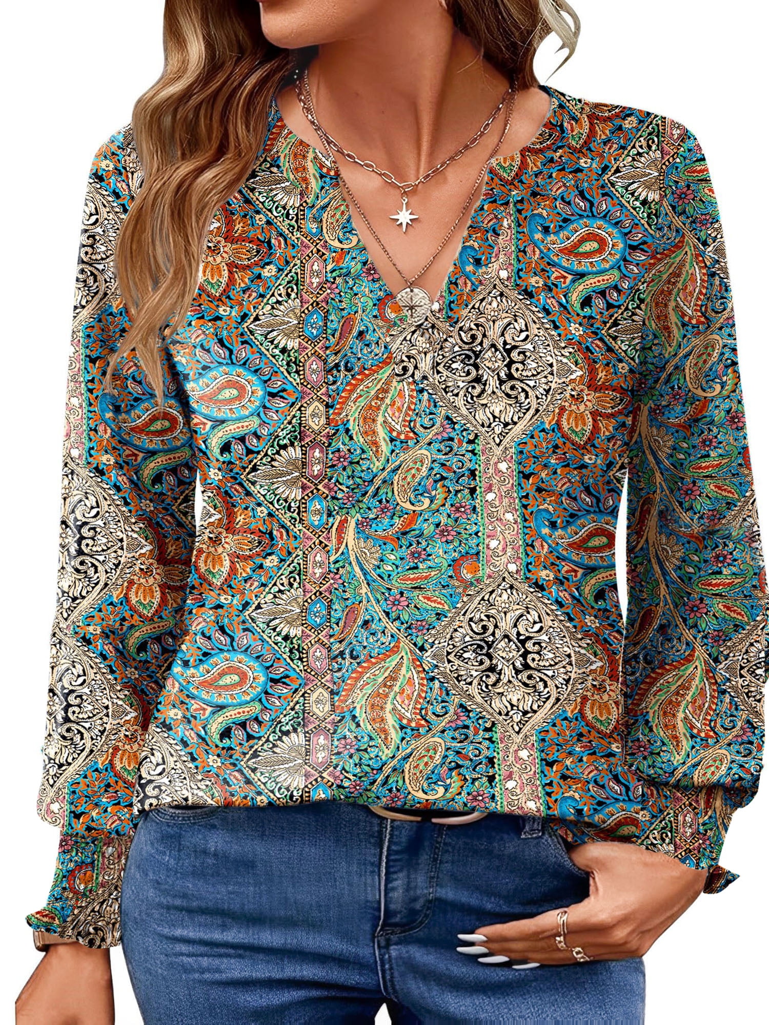 UVN Womens Fall Blouses Long Sleeve V neck Shirts Dressy Casual Smocked ...
