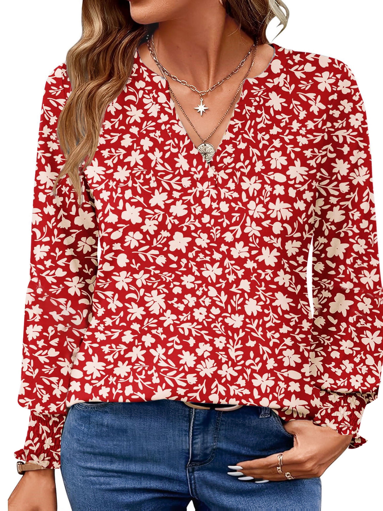 UVN Womens Fall Blouses Long Sleeve V neck Shirts Dressy Casual Smocked ...