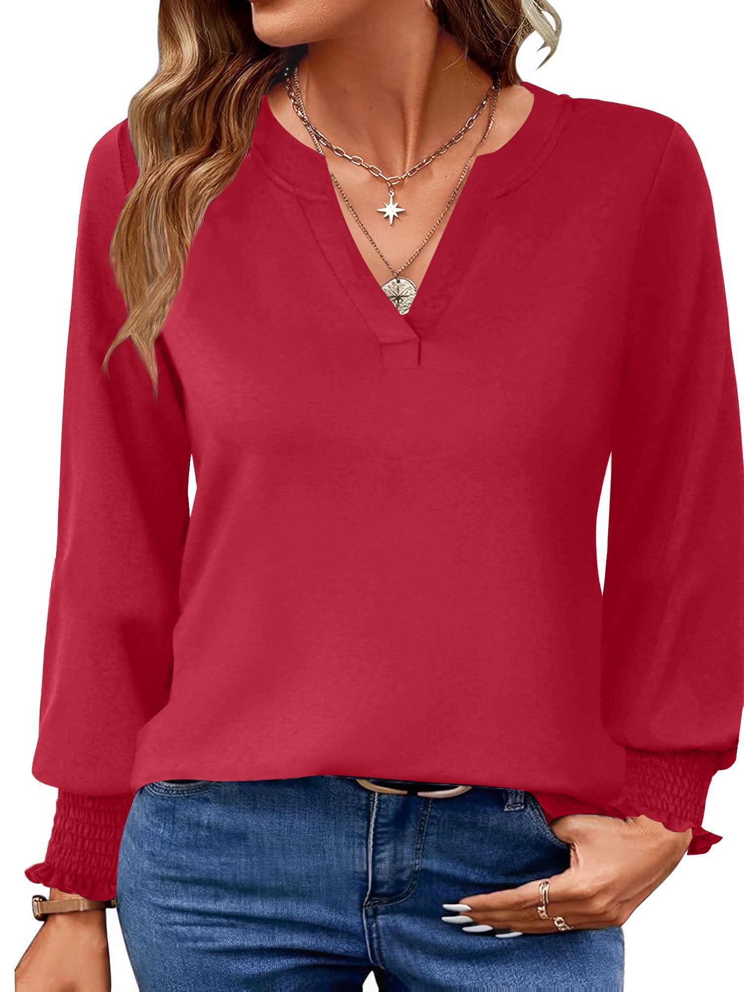 UVN Womens Fall Blouses Long Sleeve V neck Shirts Dressy Casual Smocked ...