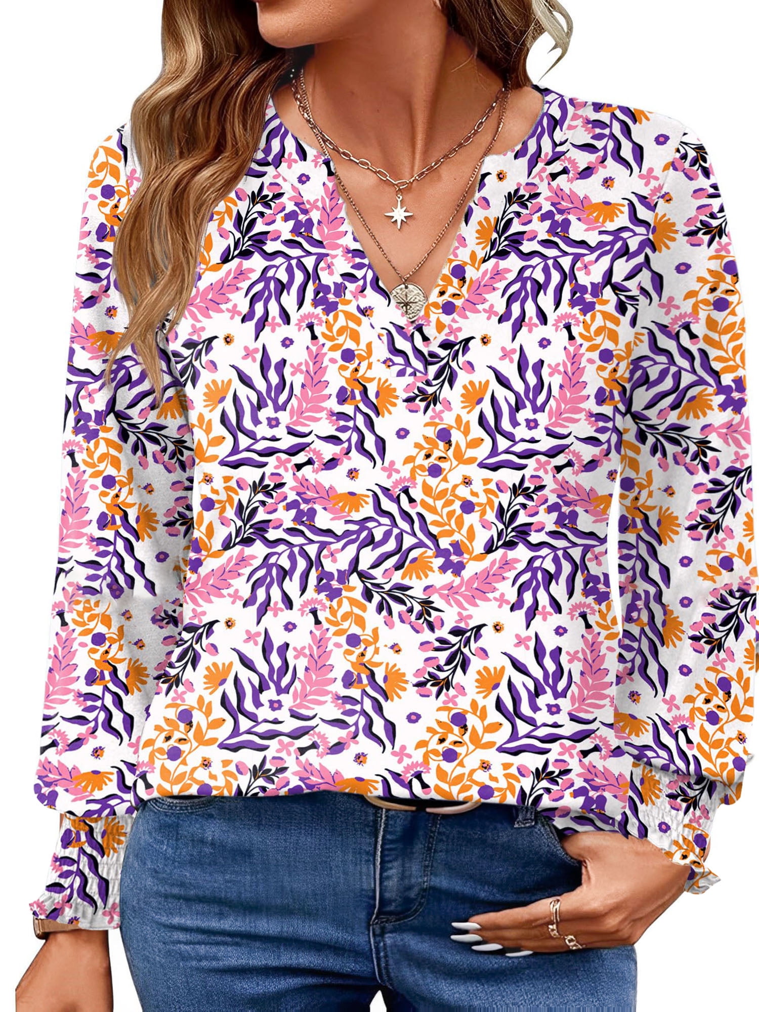 UVN Womens Fall Blouses Long Sleeve V neck Shirts Dressy Casual Smocked ...