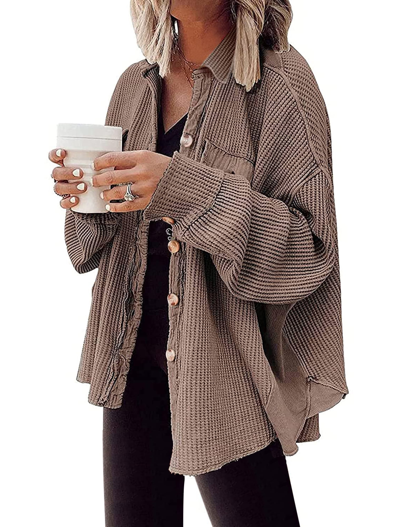 UVN Light Knit Women's Shacket Waffle Shirt - Side Elastic Thread ...