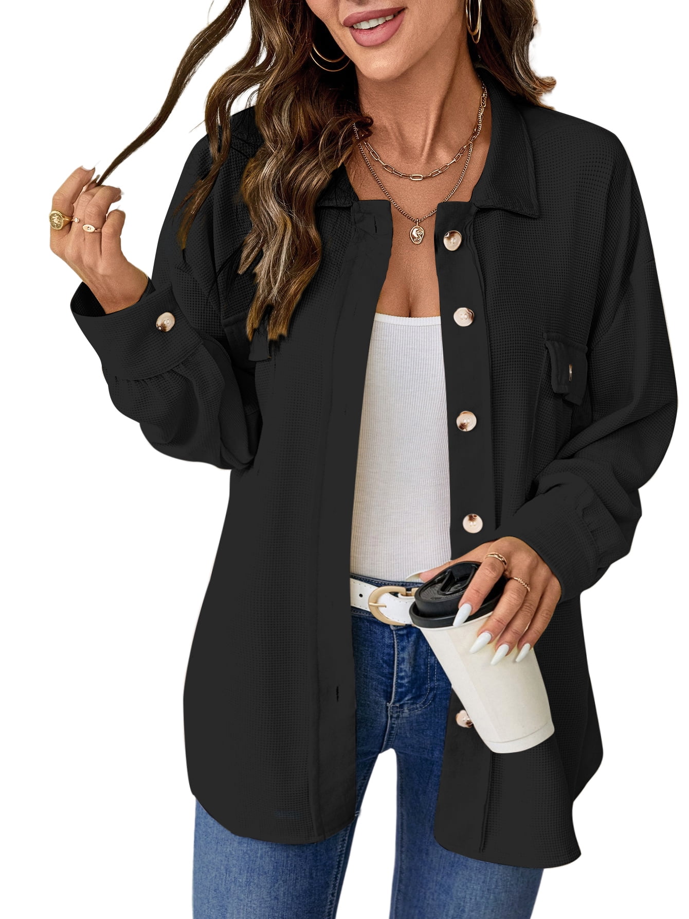 UVN Womens Shacket Jacket Waffle Shirts Long Sleeve Button Down ...