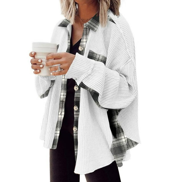 UVN Womens Shacket Jacket Waffle Shirts Long Sleeve Button Down ...