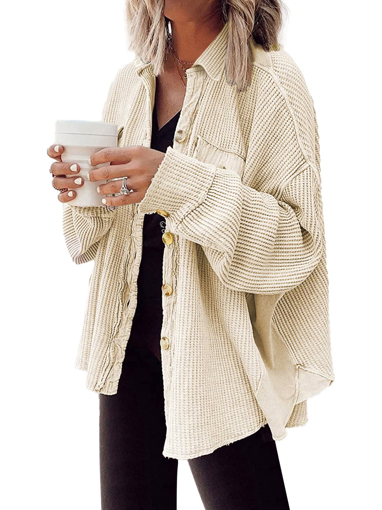 UVN Womens Shacket Jacket Waffle Shirts Long Sleeve Button Down ...