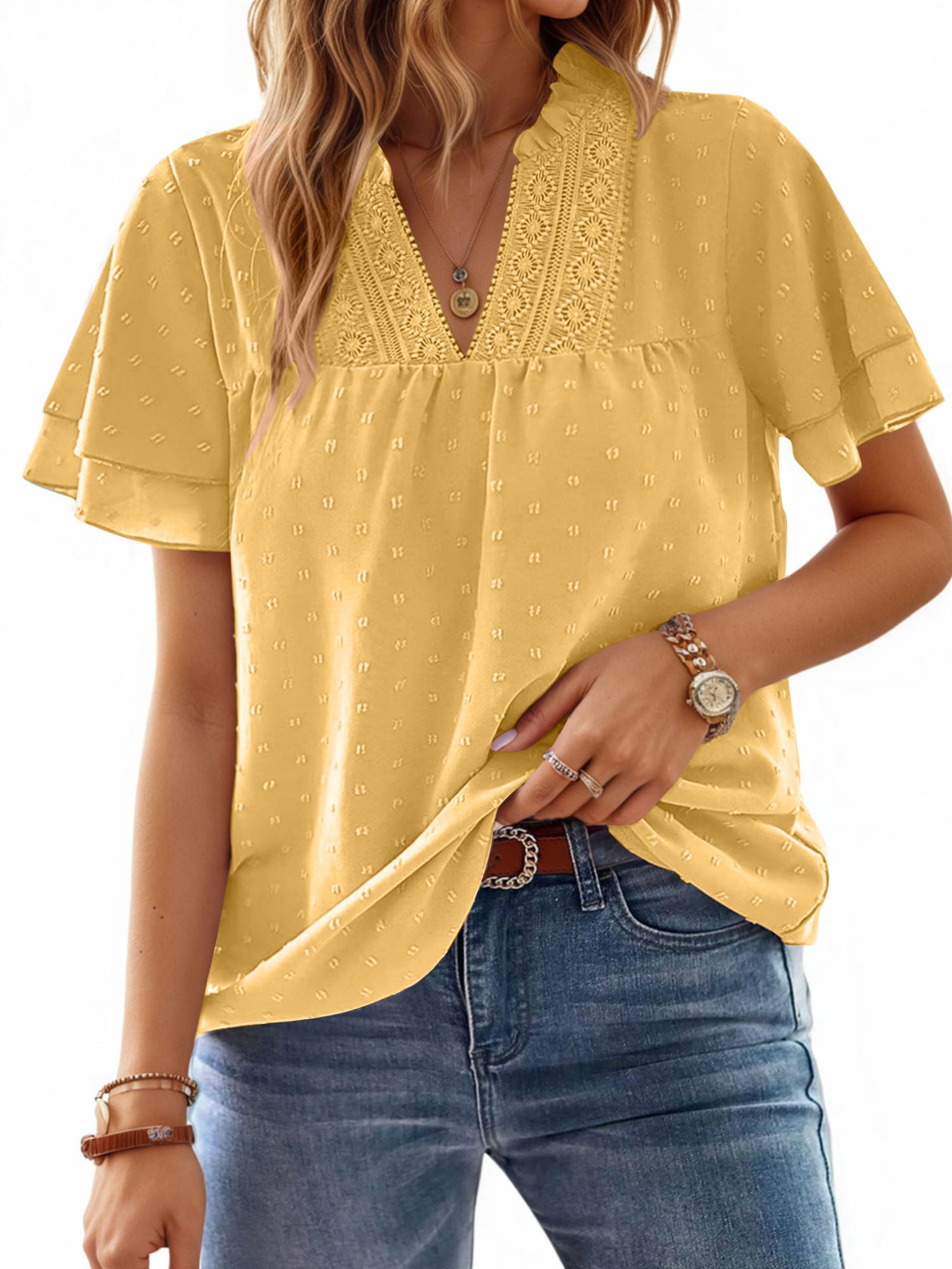 UVN V Neck Shirts for women Summer Lace Butterfly Sleeve Blouses Ladies ...