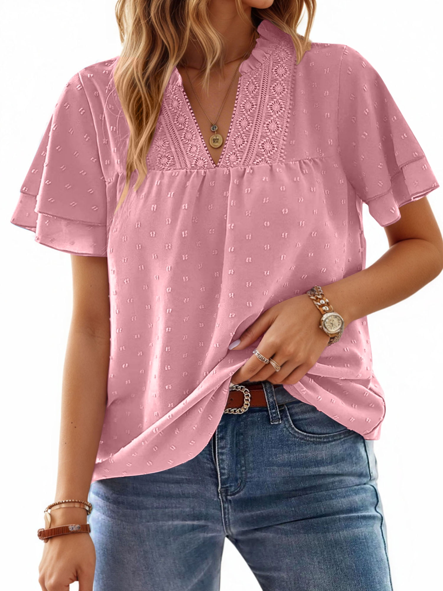 UVN V Neck Shirts for women Summer Lace Butterfly Sleeve Blouses Ladies ...