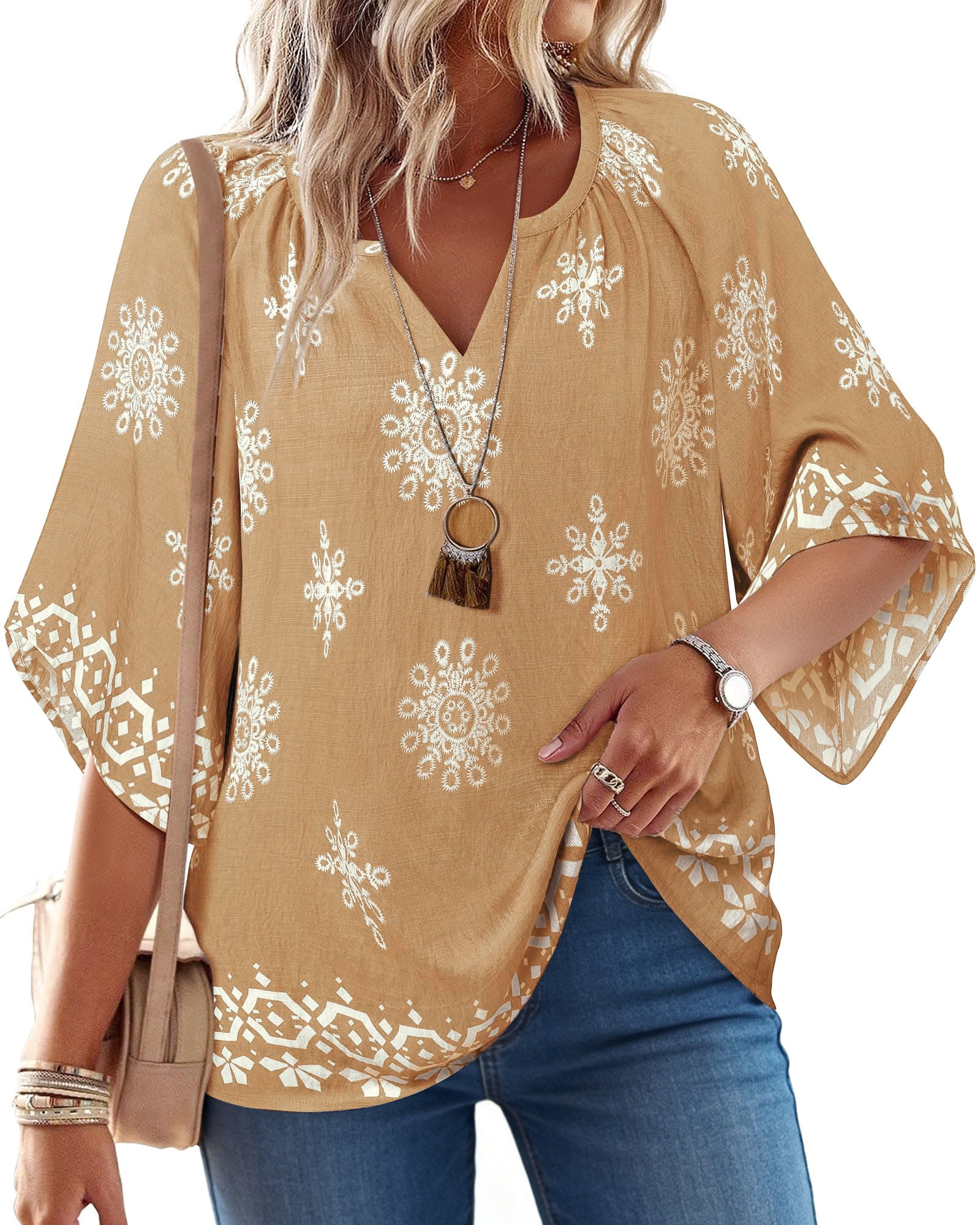UVN Womens Summer Blouses Bohemian 3/4 Bell Sleeve Shirts for Women V ...