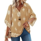 UVN Womens Summer Blouses Bohemian 3/4 Bell Sleeve Shirts for Women V ...