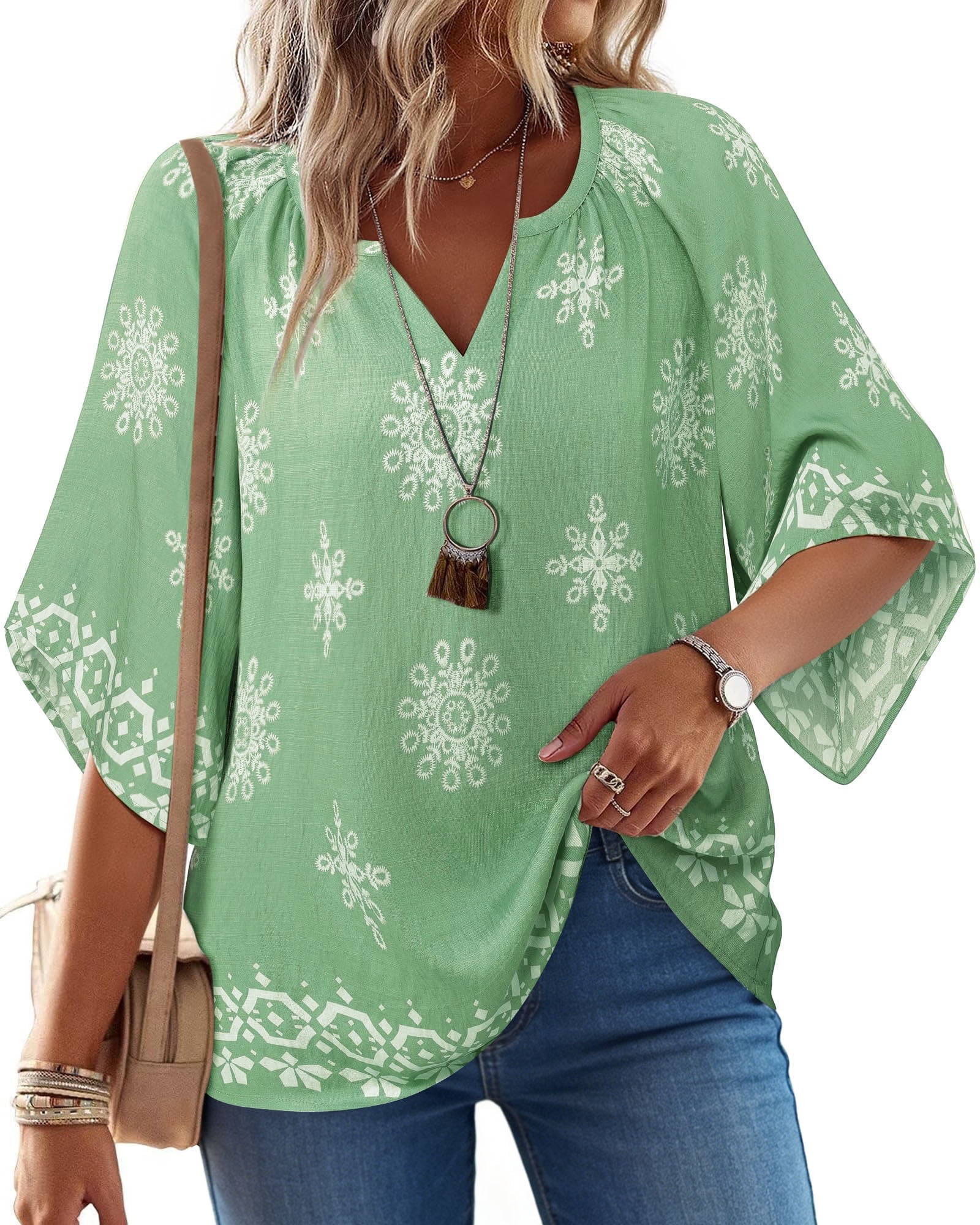 UVN, Womens Summer Blouses, V Neck Flowy Bohemian Top, 3/4 Bell Sleeve ...