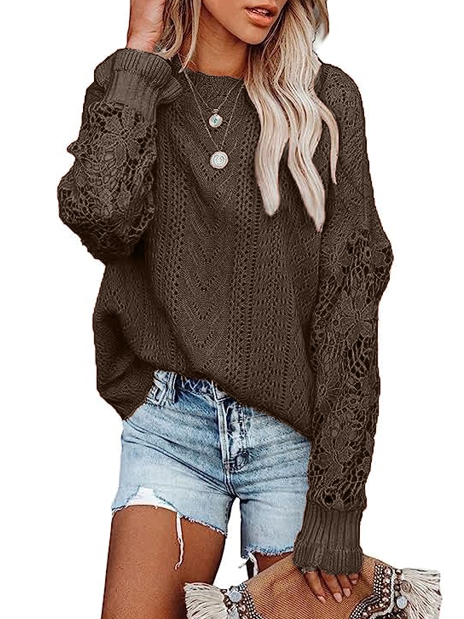 UVN Womens Sweaters Fall Lace Crochet Long Sleeve Tops Crew Neck Loose ...