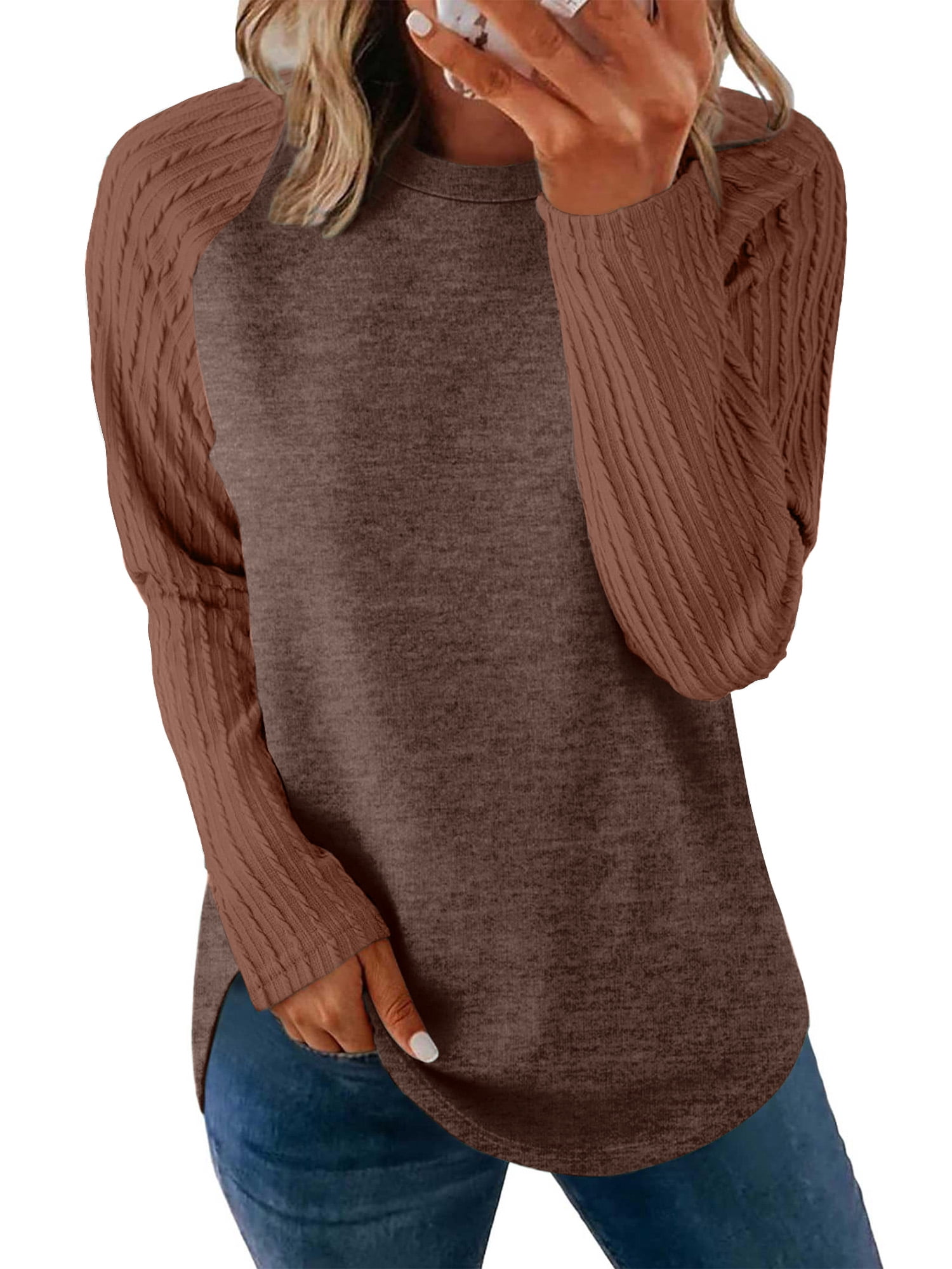 UVN Womens Sweatshirt Long Sleeve Shirts Crew Neck Fall Textured Curved ...