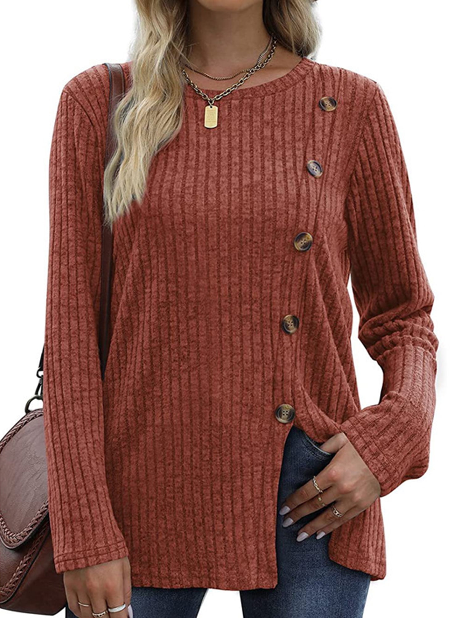 UVN Women's Long Sleeve Crewneck Sweatshirt with Side Buttons, Casual ...