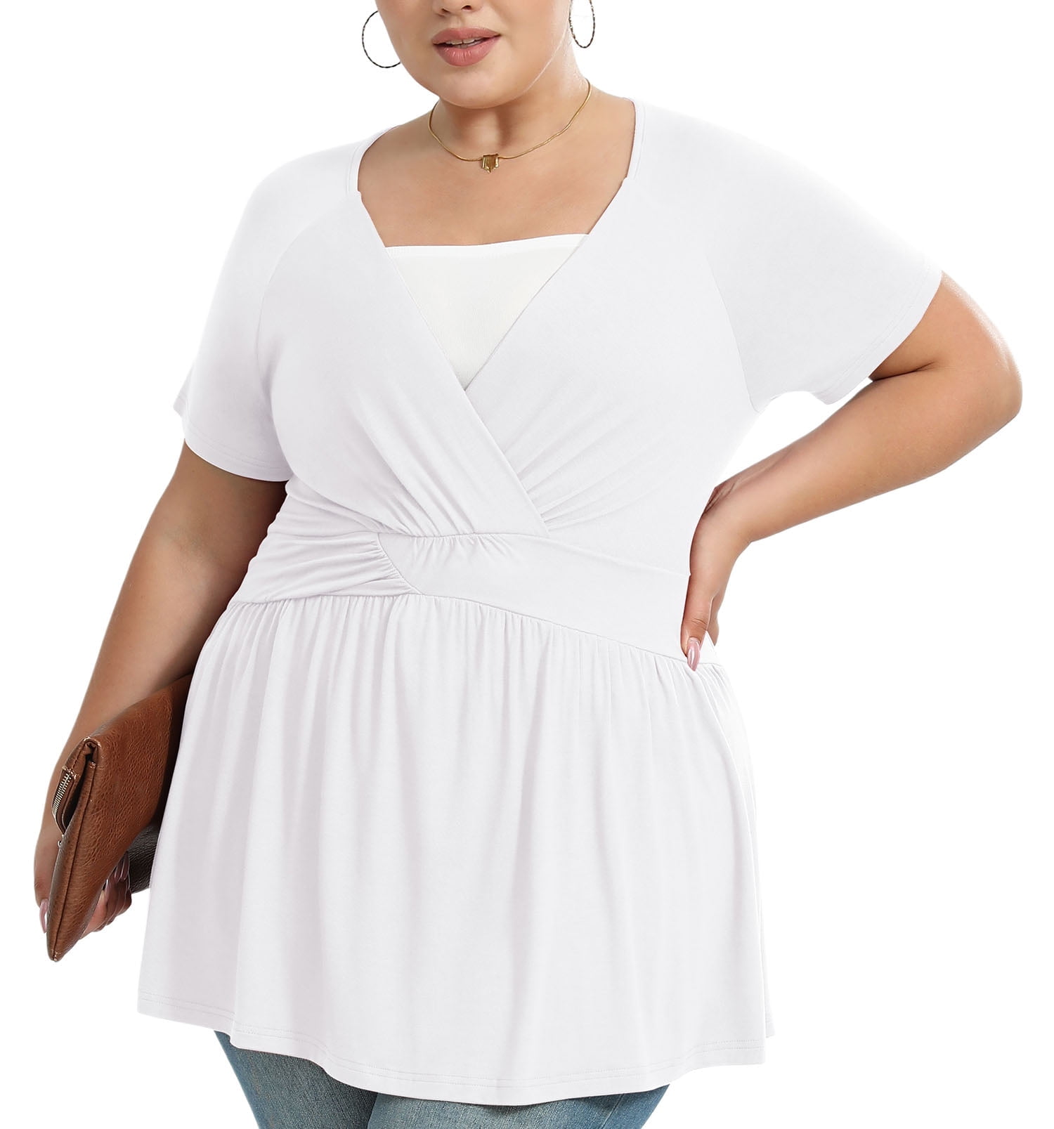 Uvplove Women's Plus Size V Neck Summer Tops, Casual Low Cut Tee Shirt ...