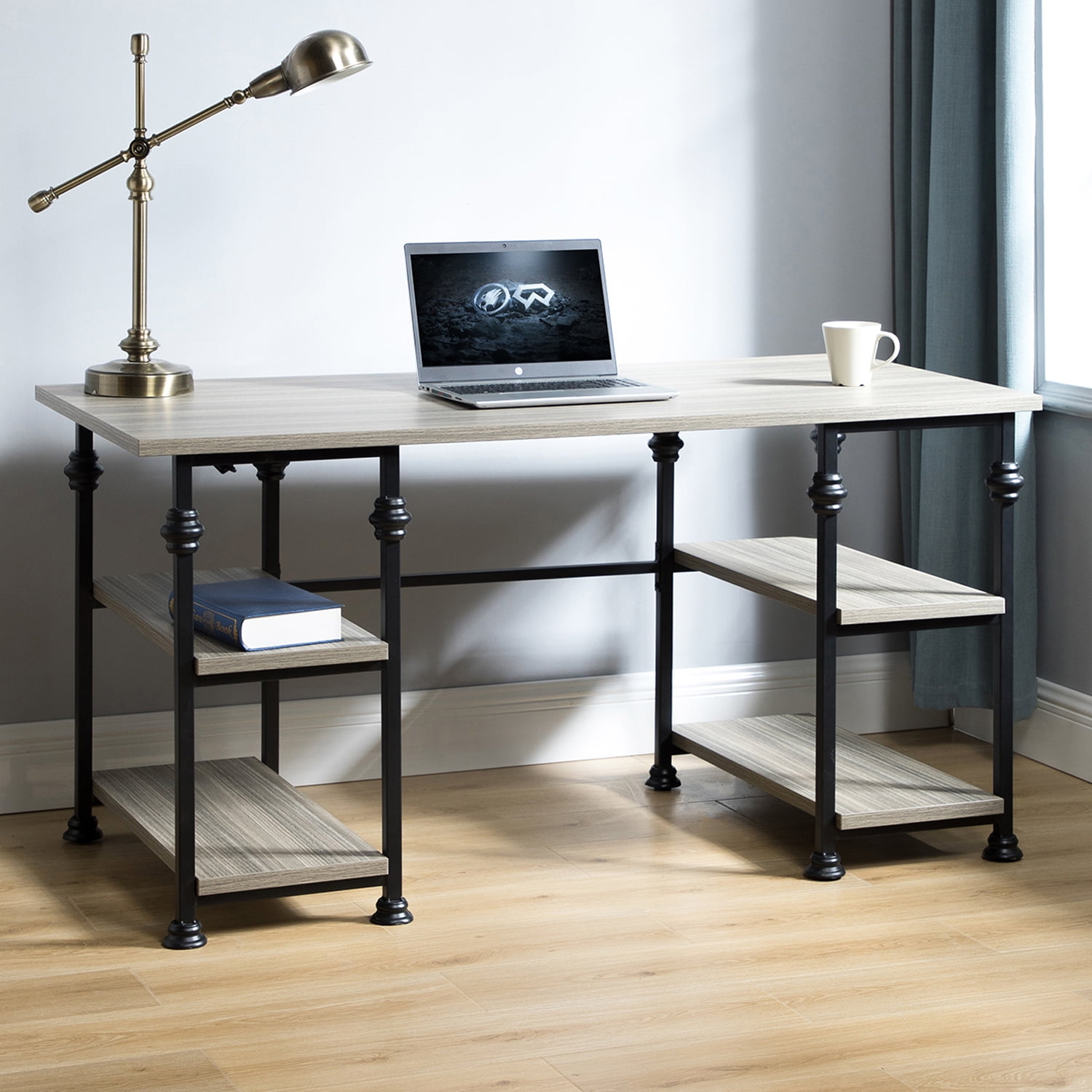 UWR-Nite Industrial Wood Computer Writing Desk 4 Storage Shelves and ...
