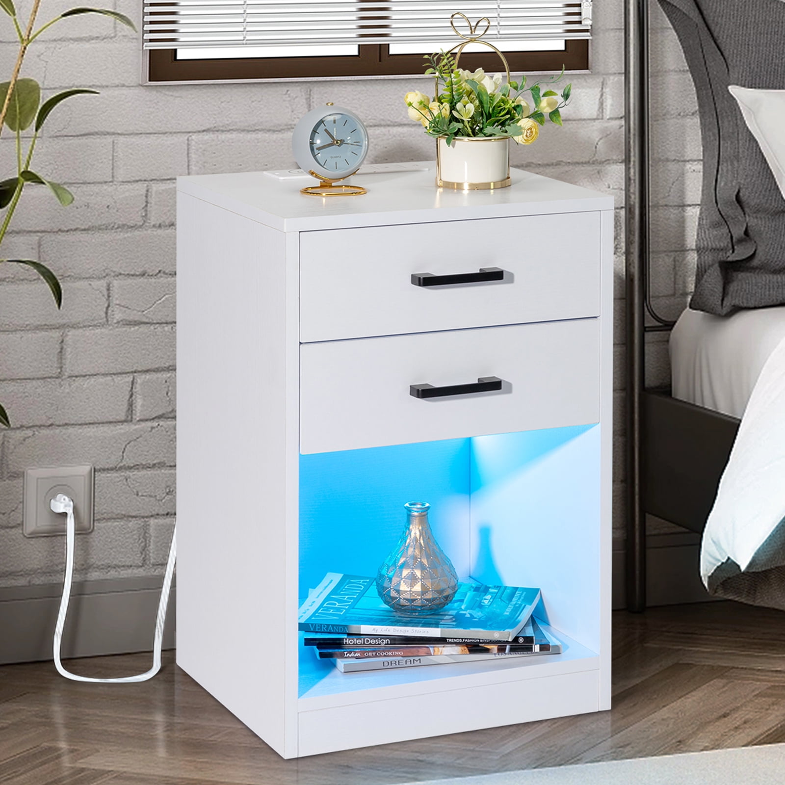 UWR-Nite Nightstand with Charging Station, Night Stand with 2 Drawers ...