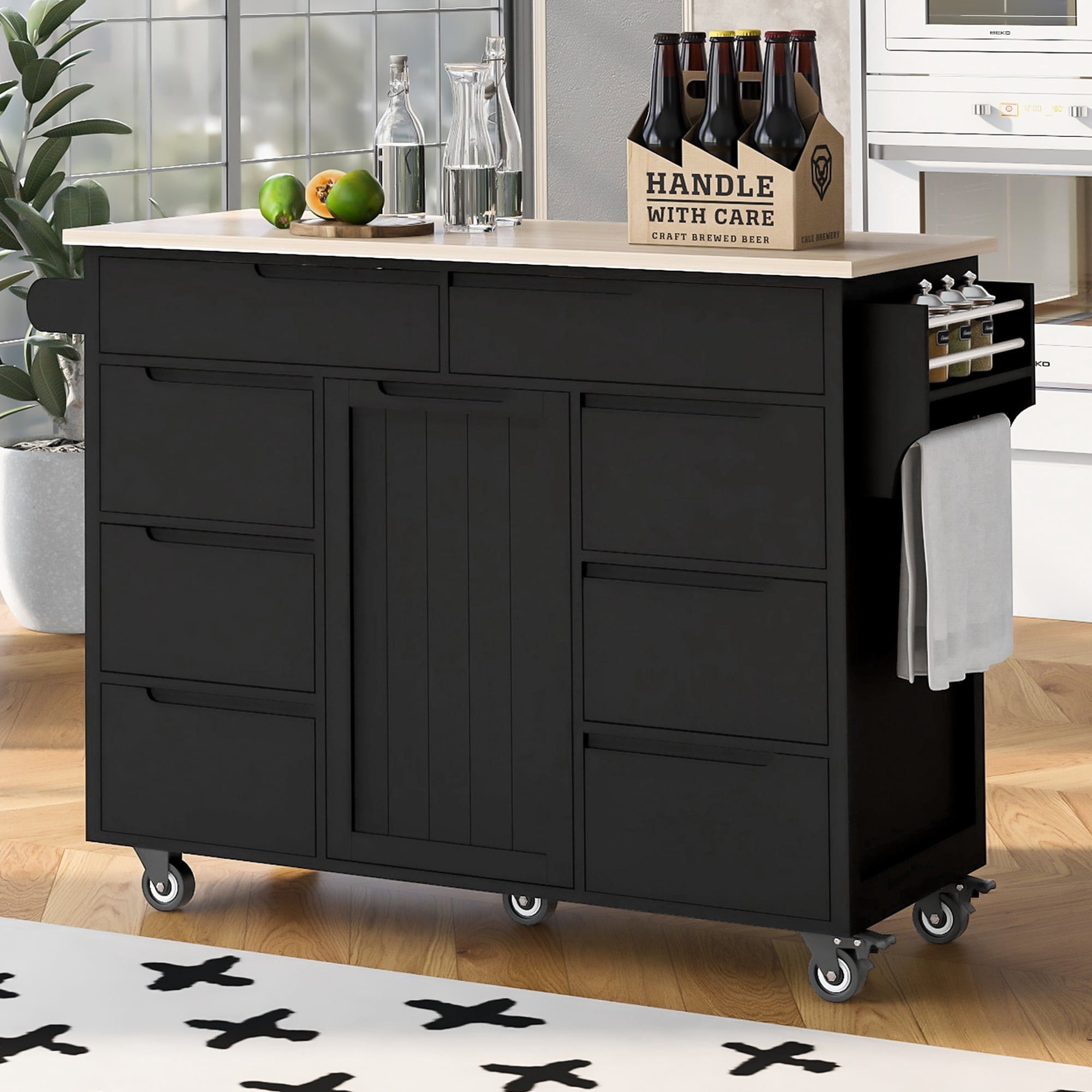 UWR-Nite Rolling Mobile Kitchen Island Cart with Rubber Wood Countertop ...