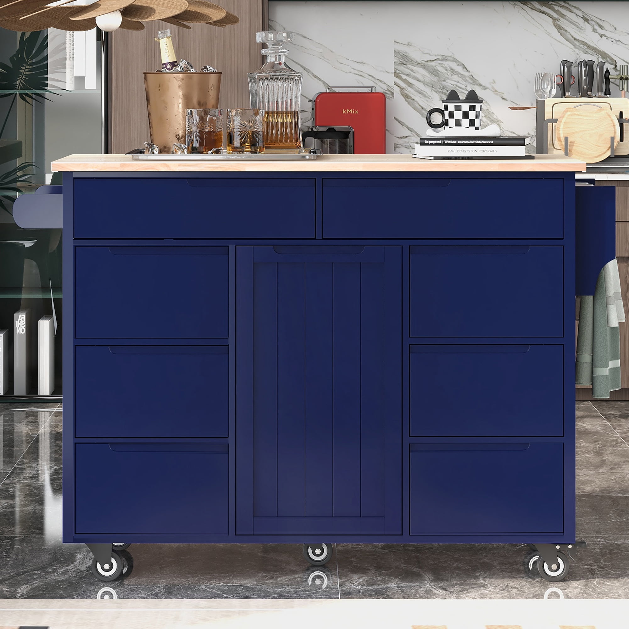 UWR-Nite Rolling Mobile Kitchen Island Cart with Rubber Wood Countertop ...