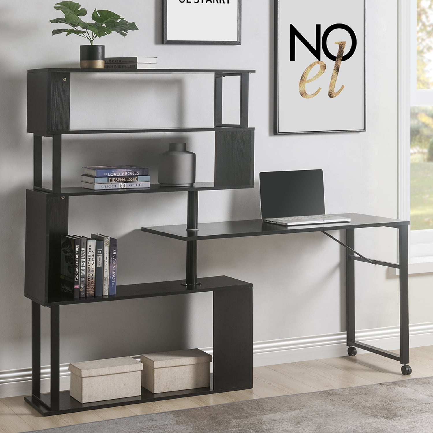 UWR-Nite Rotating Computer Desk with 5 Shelves Bookshelf, Modern L ...