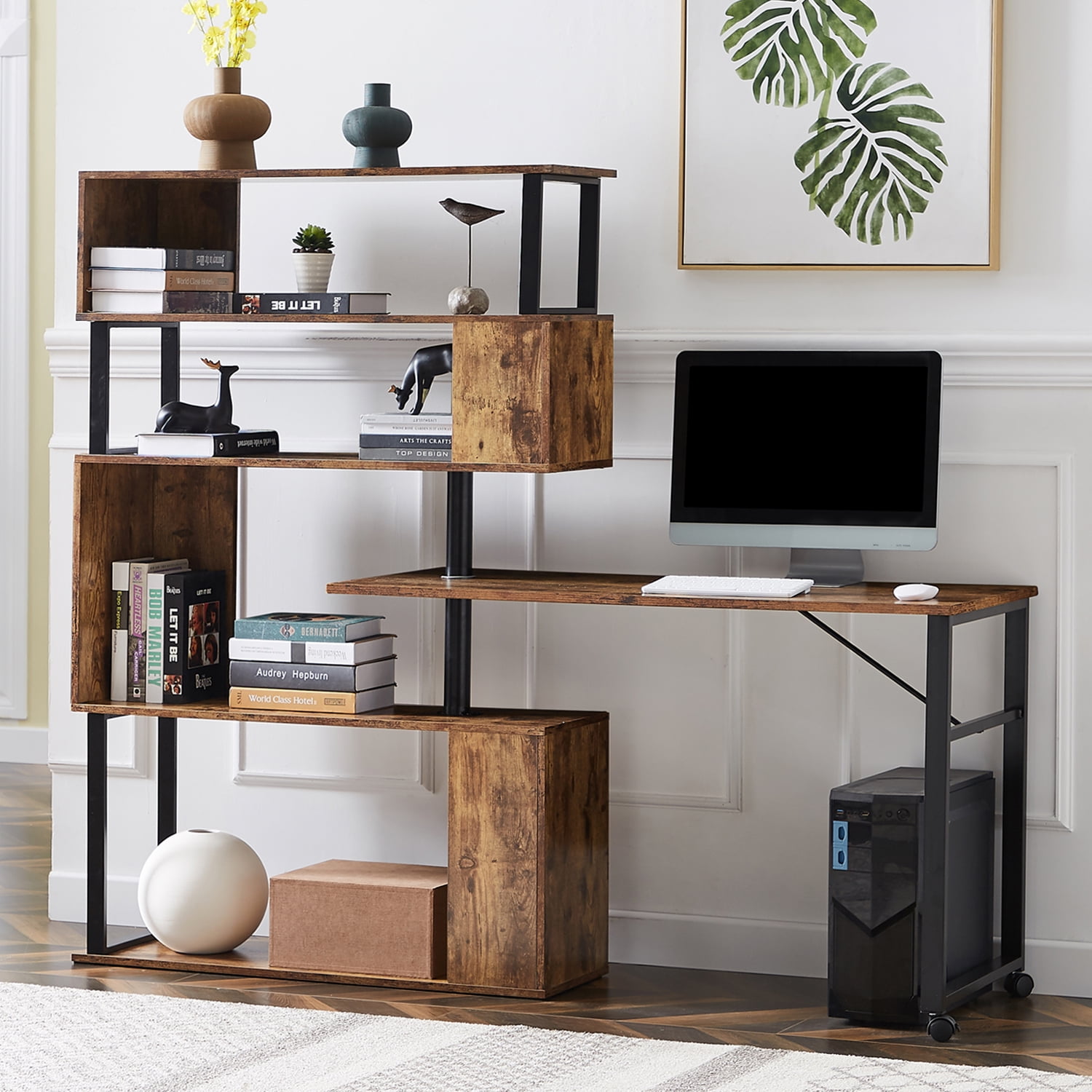 UWR-Nite Rotating Computer Desk with 5 Shelves Bookshelf, Modern L ...