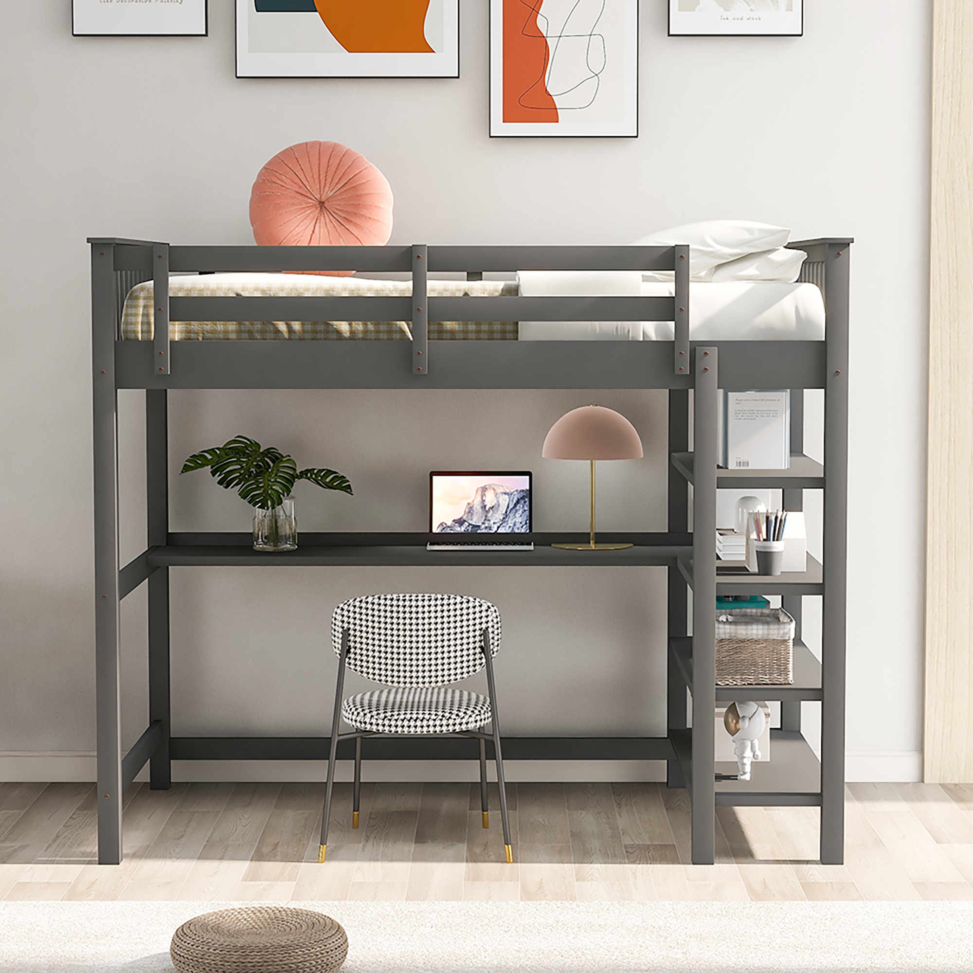 UWR-Nite Twin Size Loft Bed with Under-Bed Desk and Storage Shelves ...