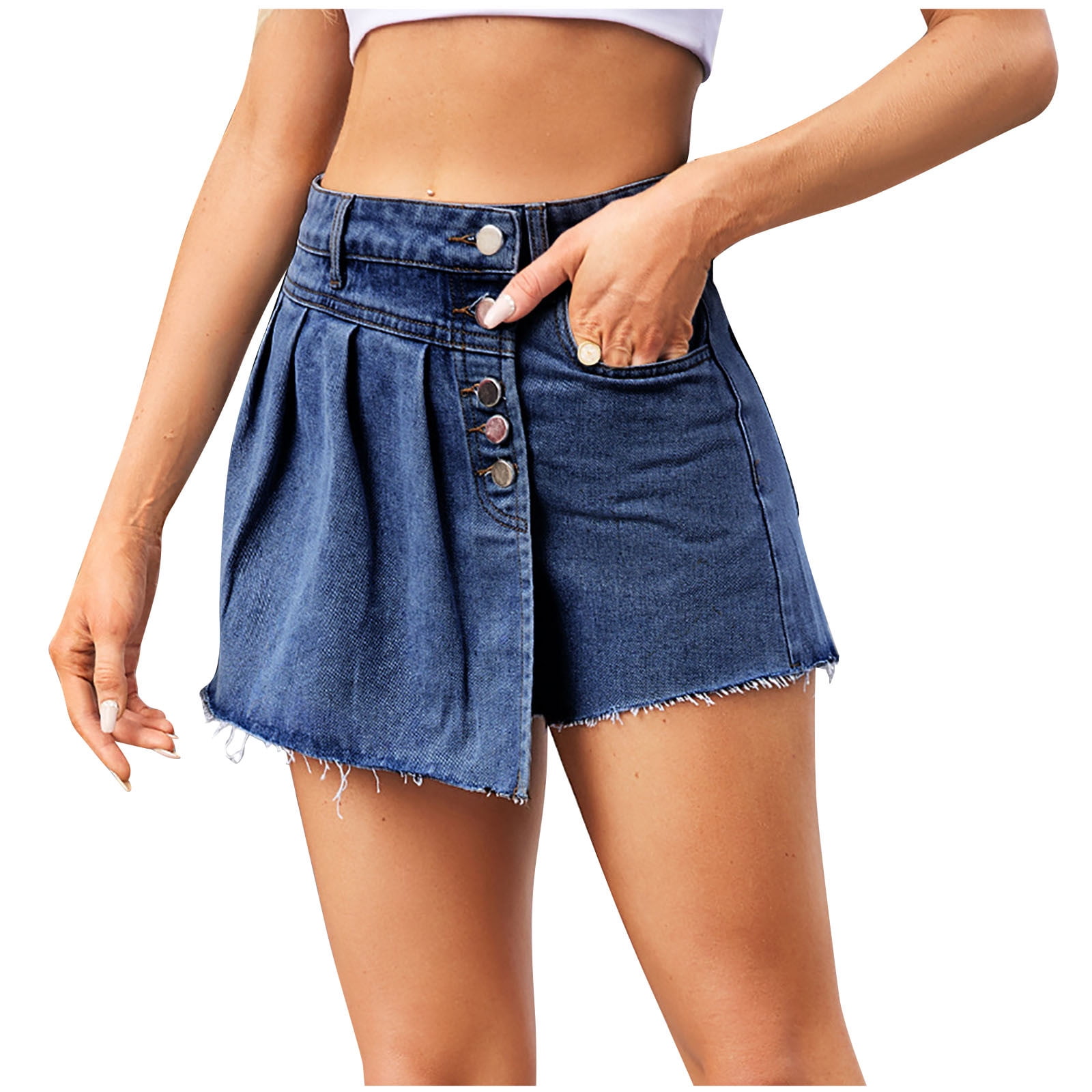 Uyisj Denim Shorts For Women Skorts Button Pleated Sexy Wrap Built In