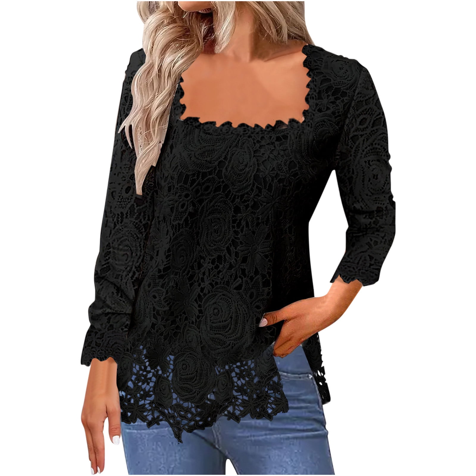 UYISJ Lace Tops for Women Dressy Casual Square Neck Long Sleeve Floral ...
