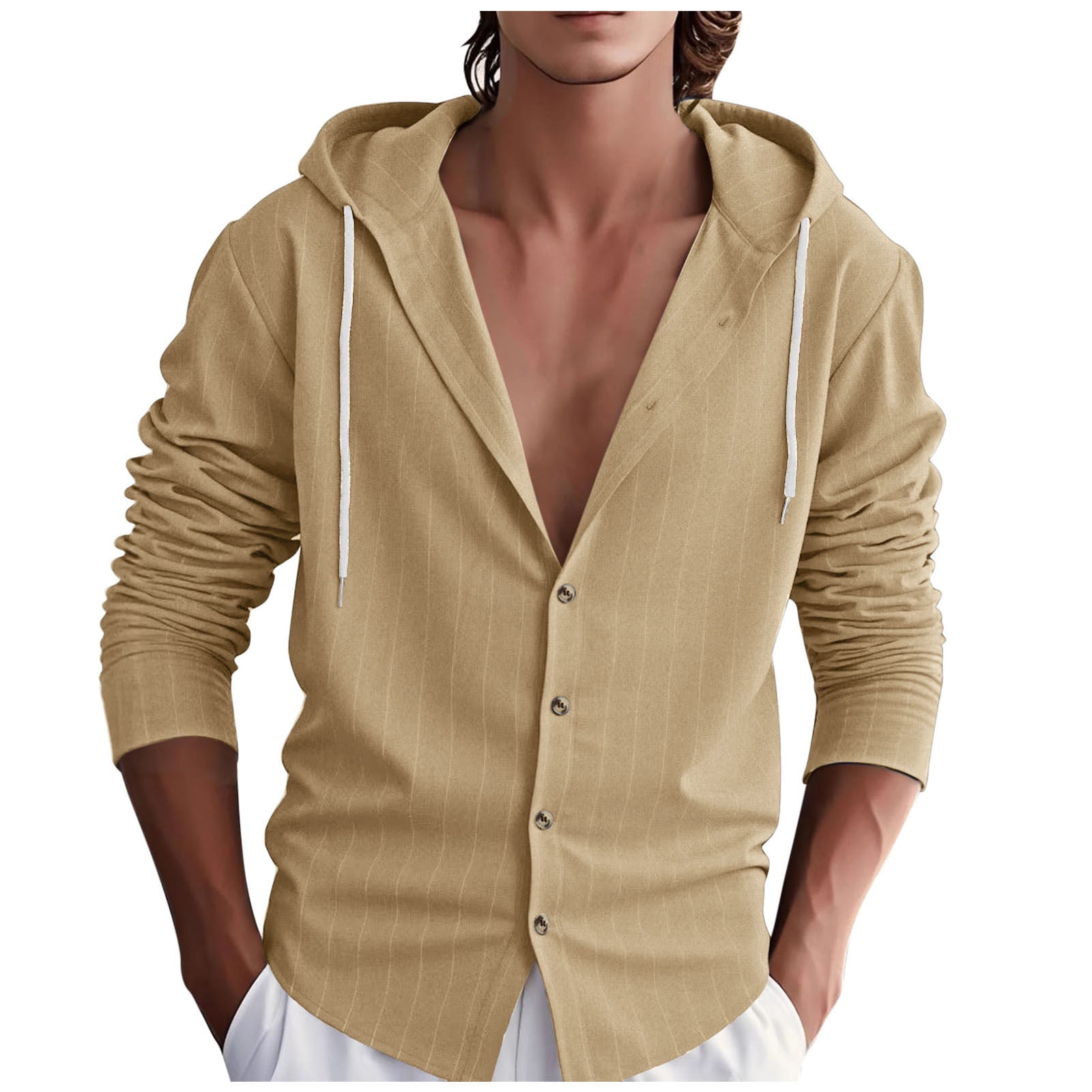 UYISJ Mens Cotton Linen Hoodie Long Sleeve Button Down Shirts with ...