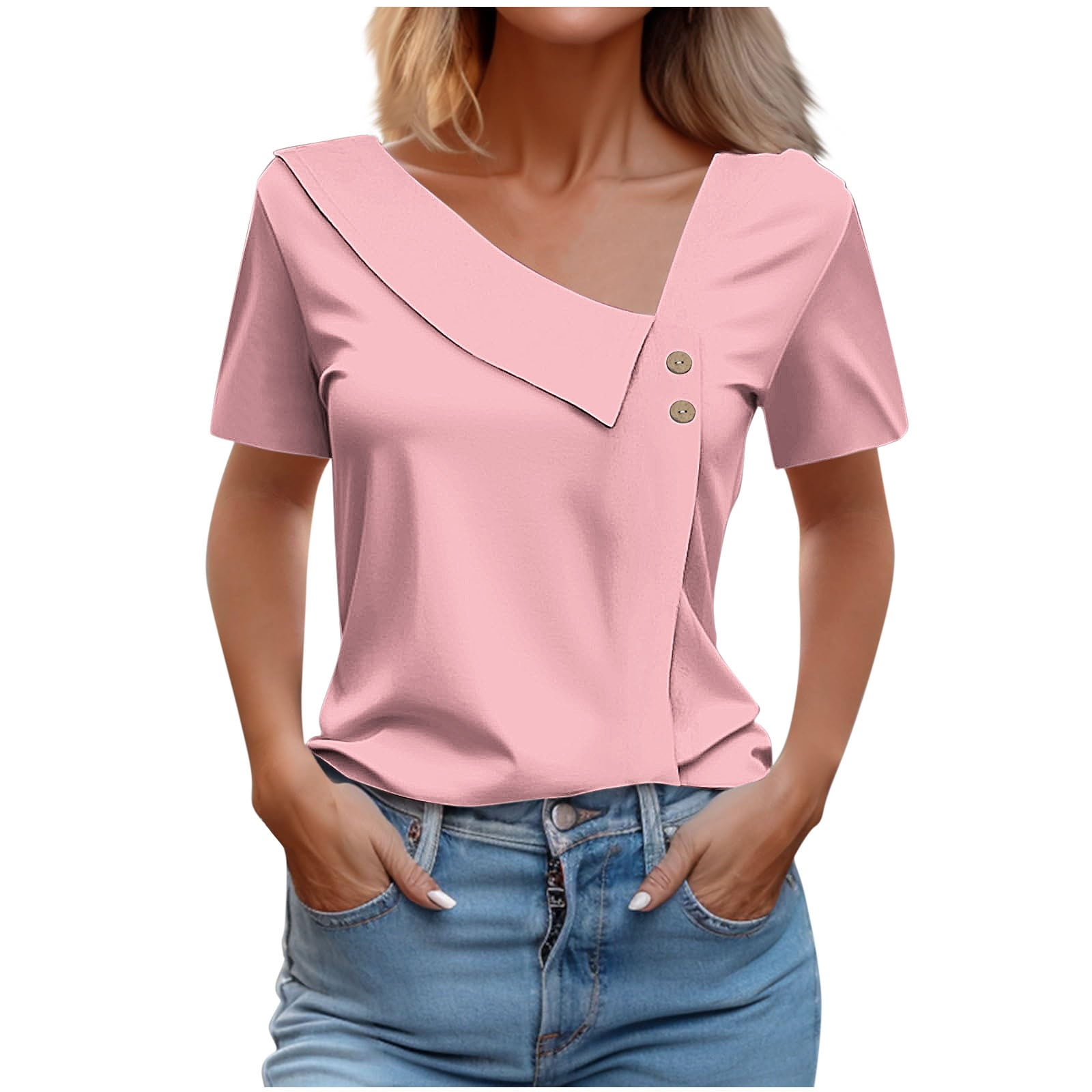 UYISJ Summer Tops for Women Trendy Short Sleeve Asymmetrical V Neck ...