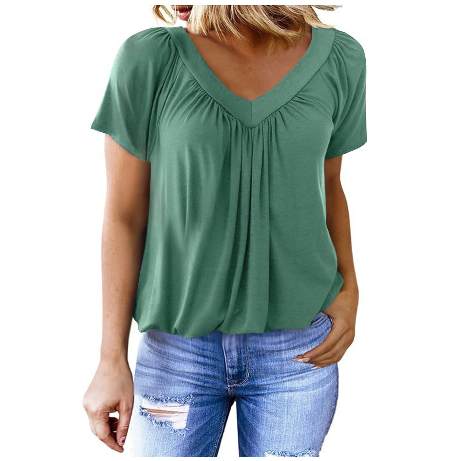 UYISJ Tops for Women Casual V Neck Pleated Short Sleeve Shirts Loose ...