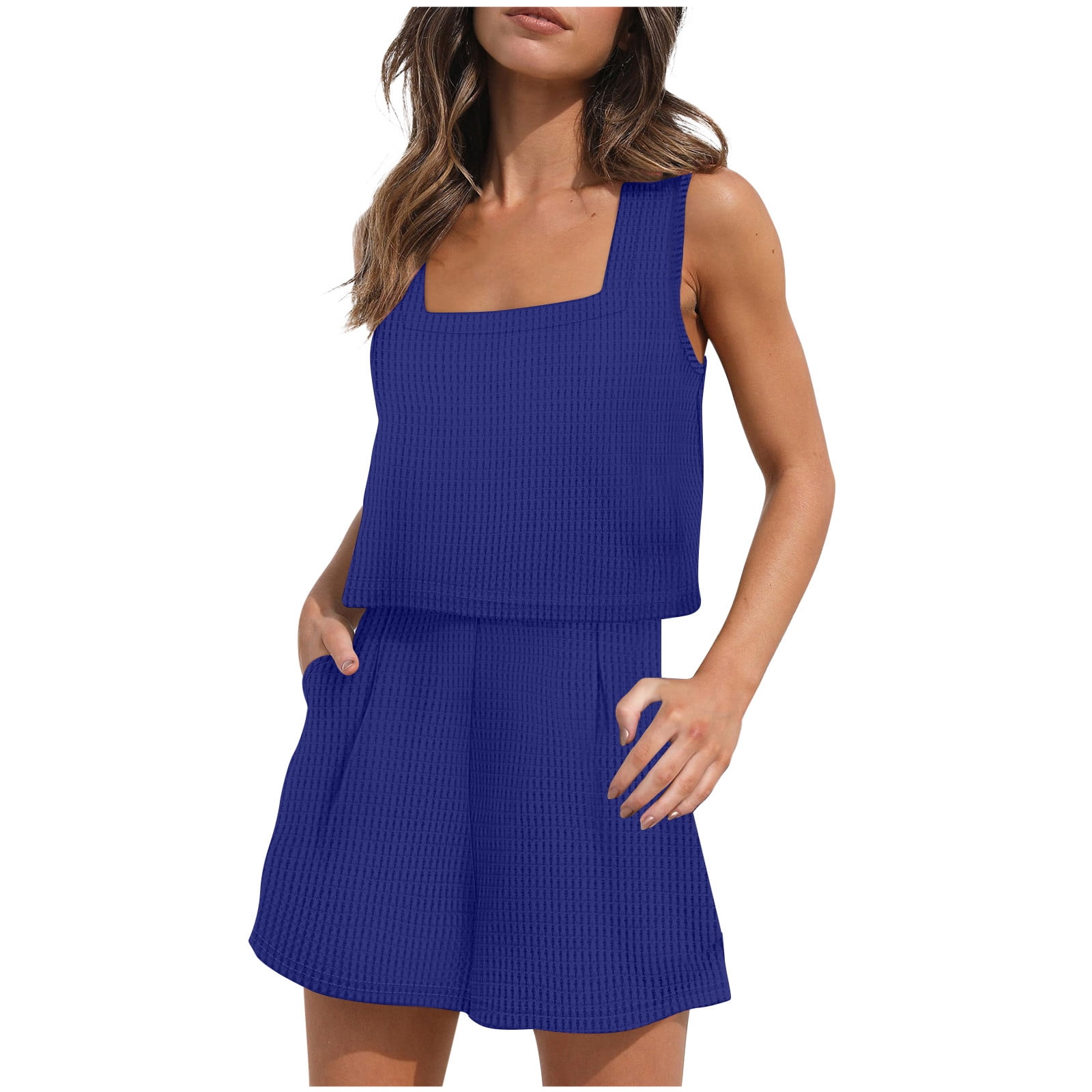 UYISJ Waffle Knit 2 Piece Outfits for Women Summer Set Square Neck Tank ...