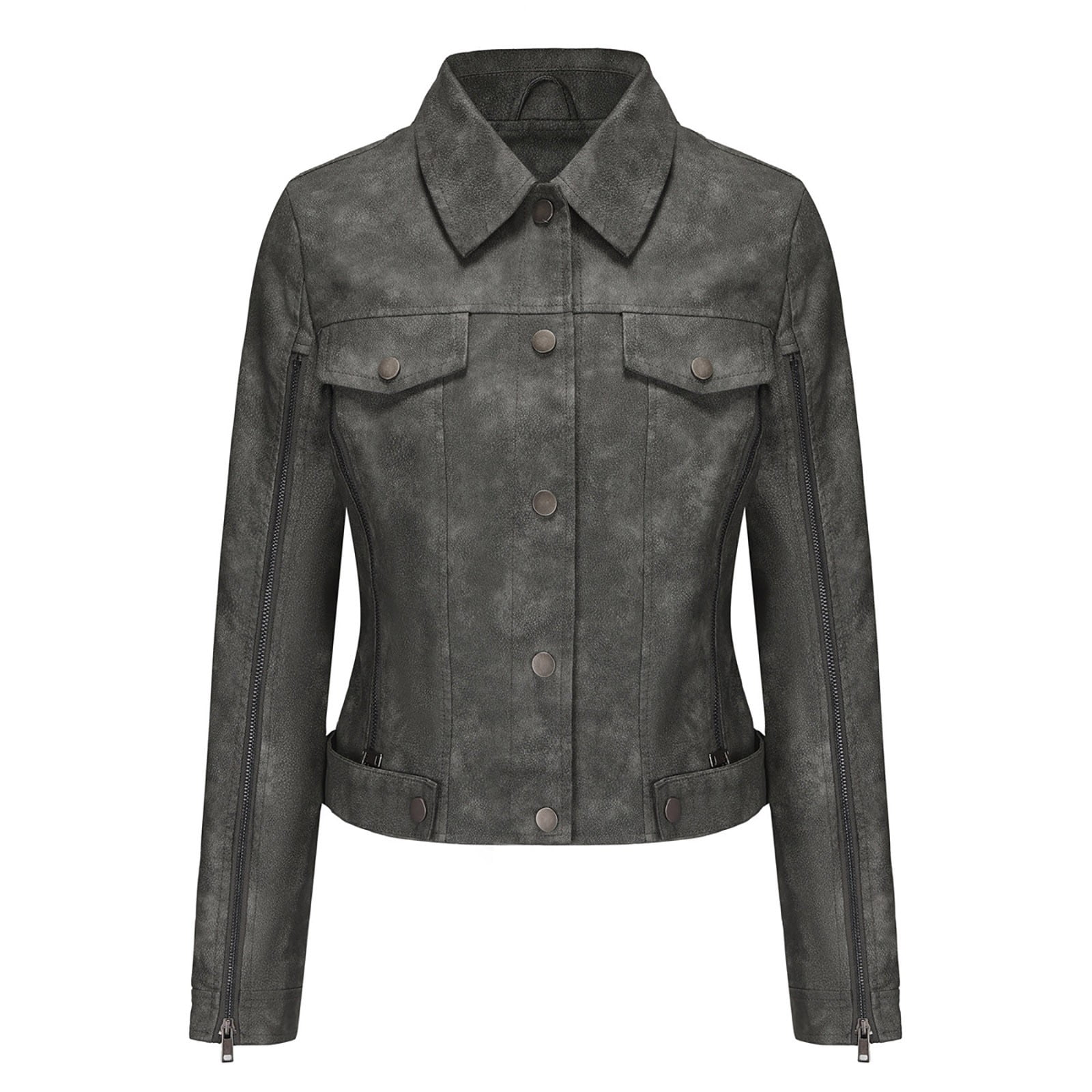 UYISJ Women Faux Leather Jacket Lapel Collar Motorcycle Zip Up Tops ...