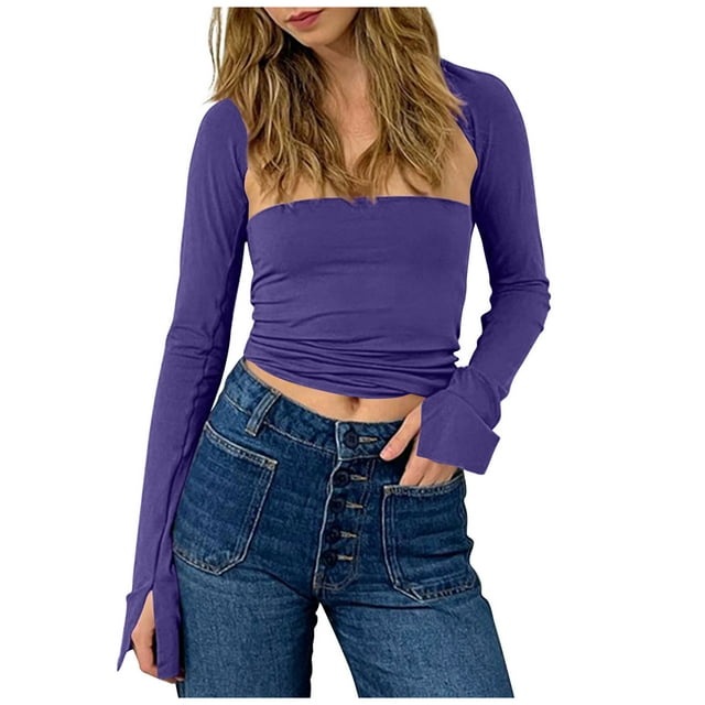 Uyisj Women Low Square Neck Long Sleeve Shirts Sexy Backless Slim