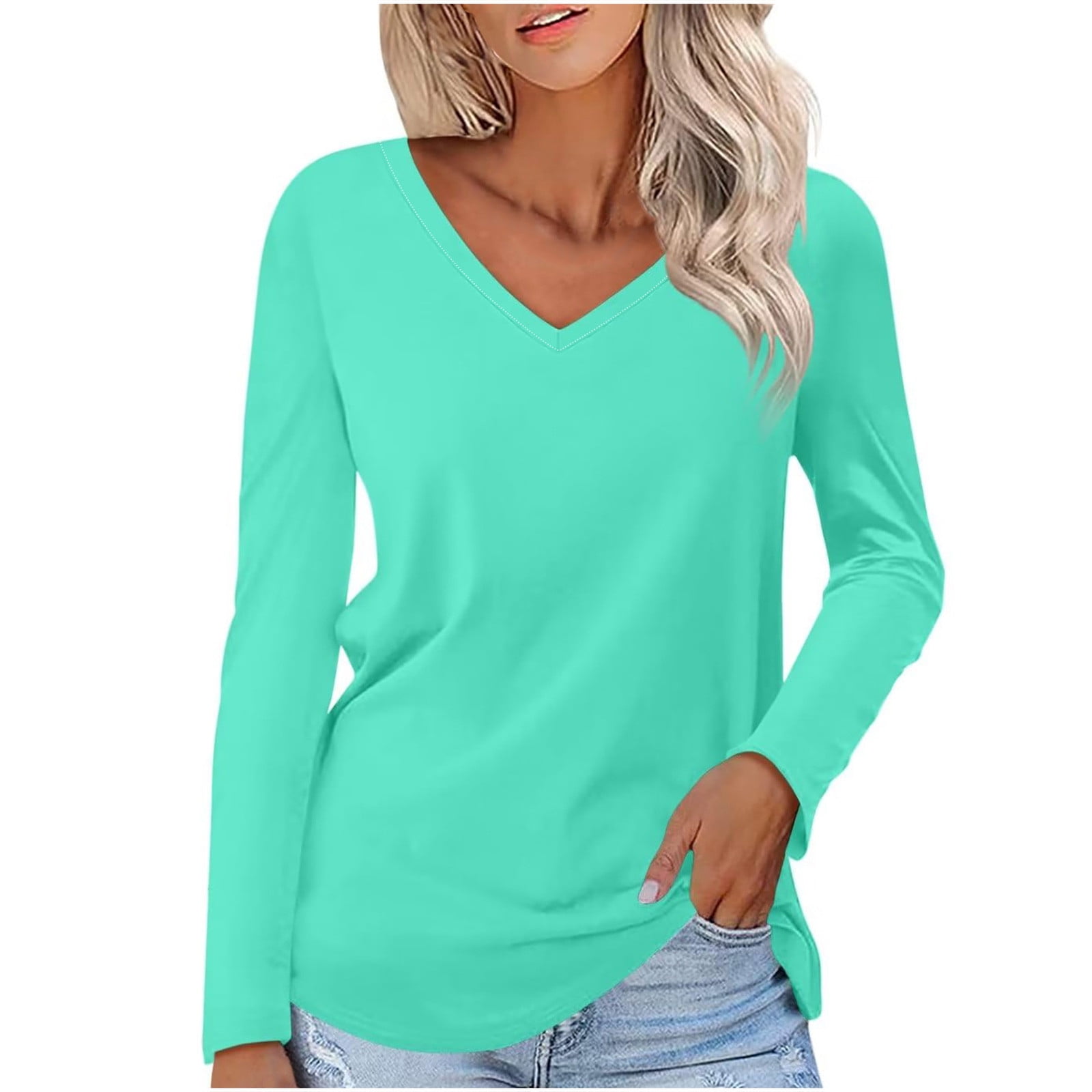 UYISJ Women Shirts V Neck Long Sleeve Cotton Tops Casual Fall Solid ...