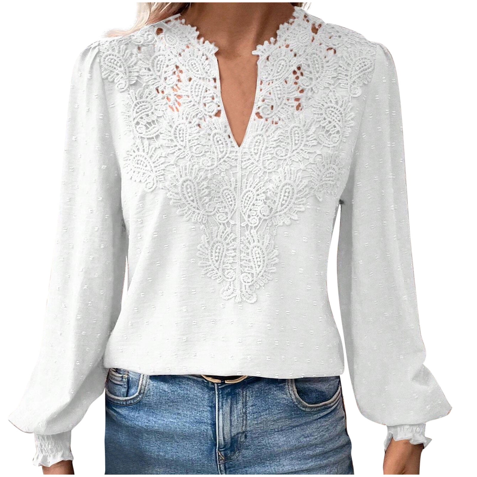 UYISJ Women V Neck Long Sleeve Blouse Lace Patchwork Tops Elegant Cute ...