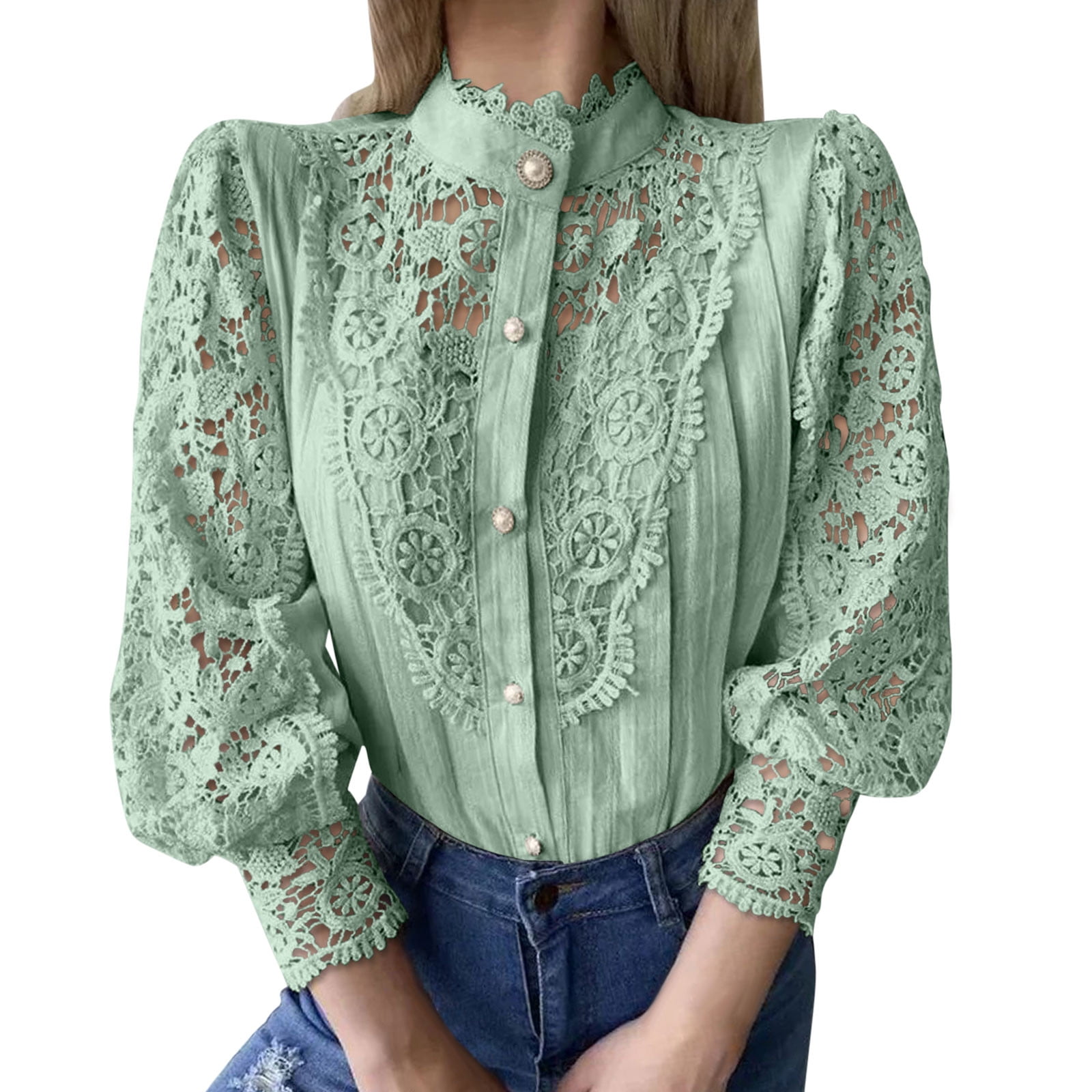 UYISJ Women's Elegant Lace Tops Mock Neck Long Sleeve Button Down ...