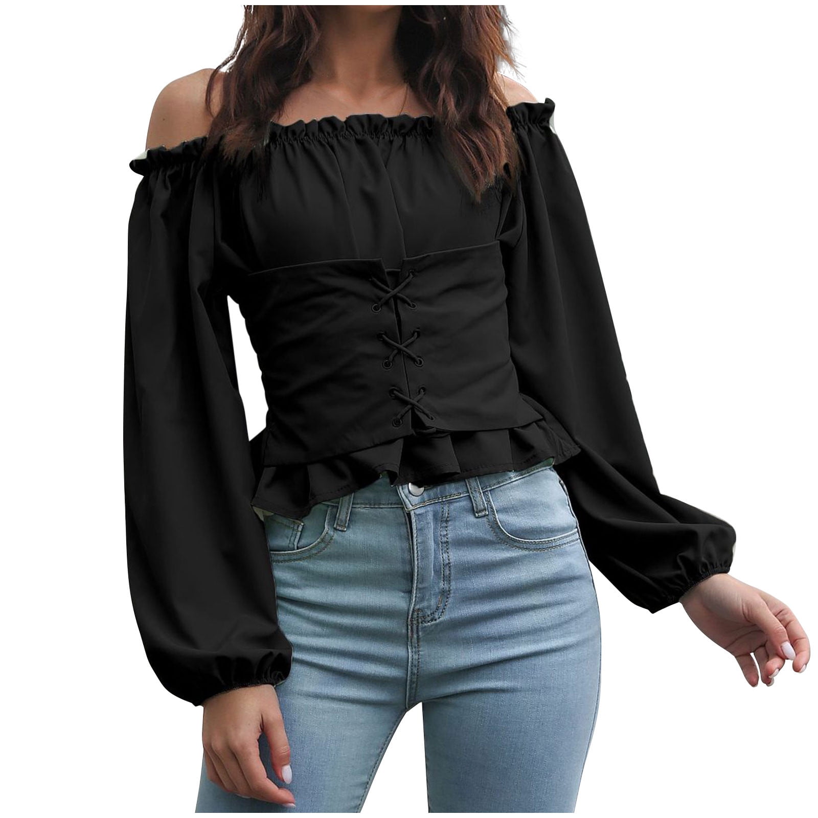UYISJ Women's Elegant Long Sleeve Off Shoulder Top Tie Front Ruffle Hem ...