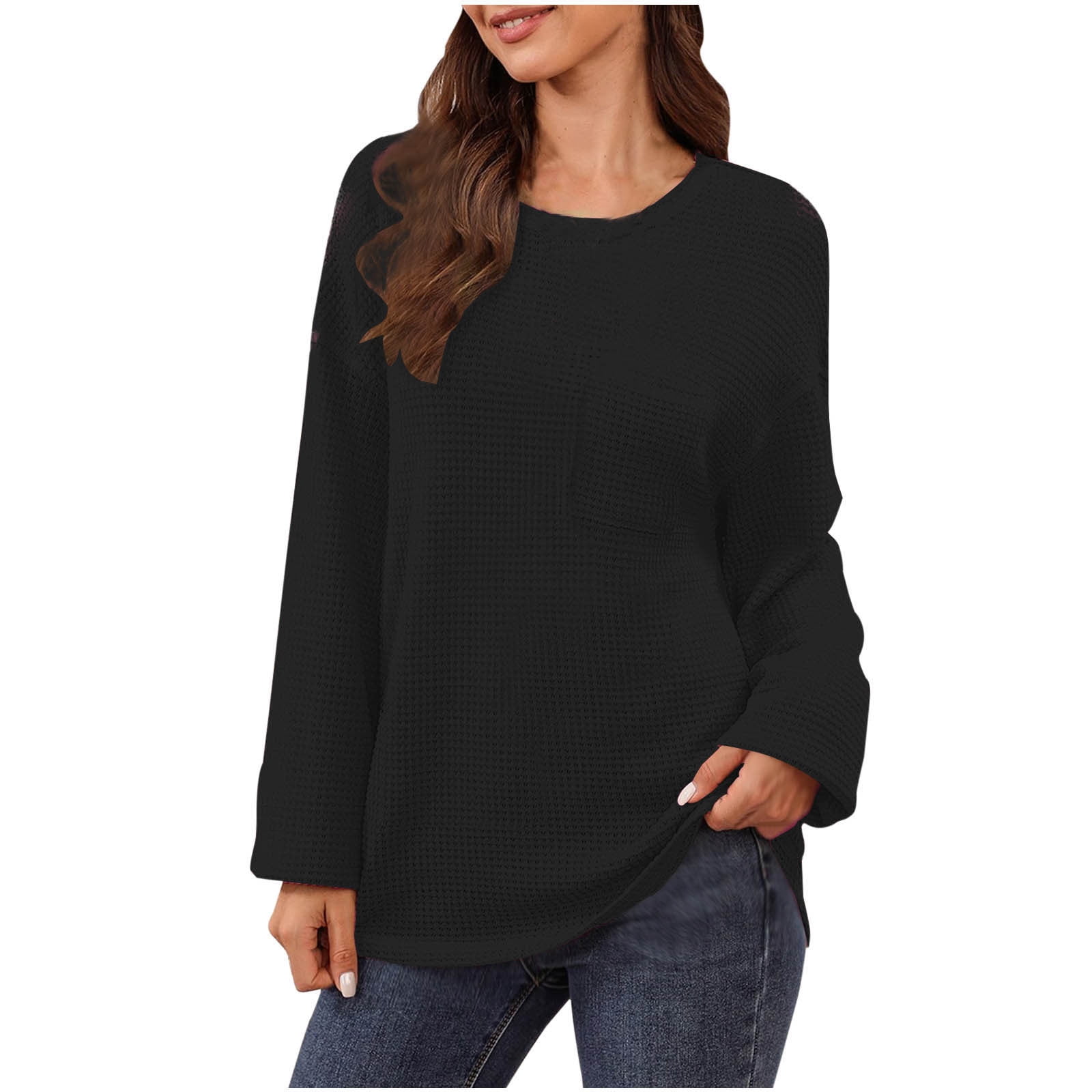 UYISJ Women's Fall Long Sleeve Crew Neck Waffle Knit Casual Loose ...