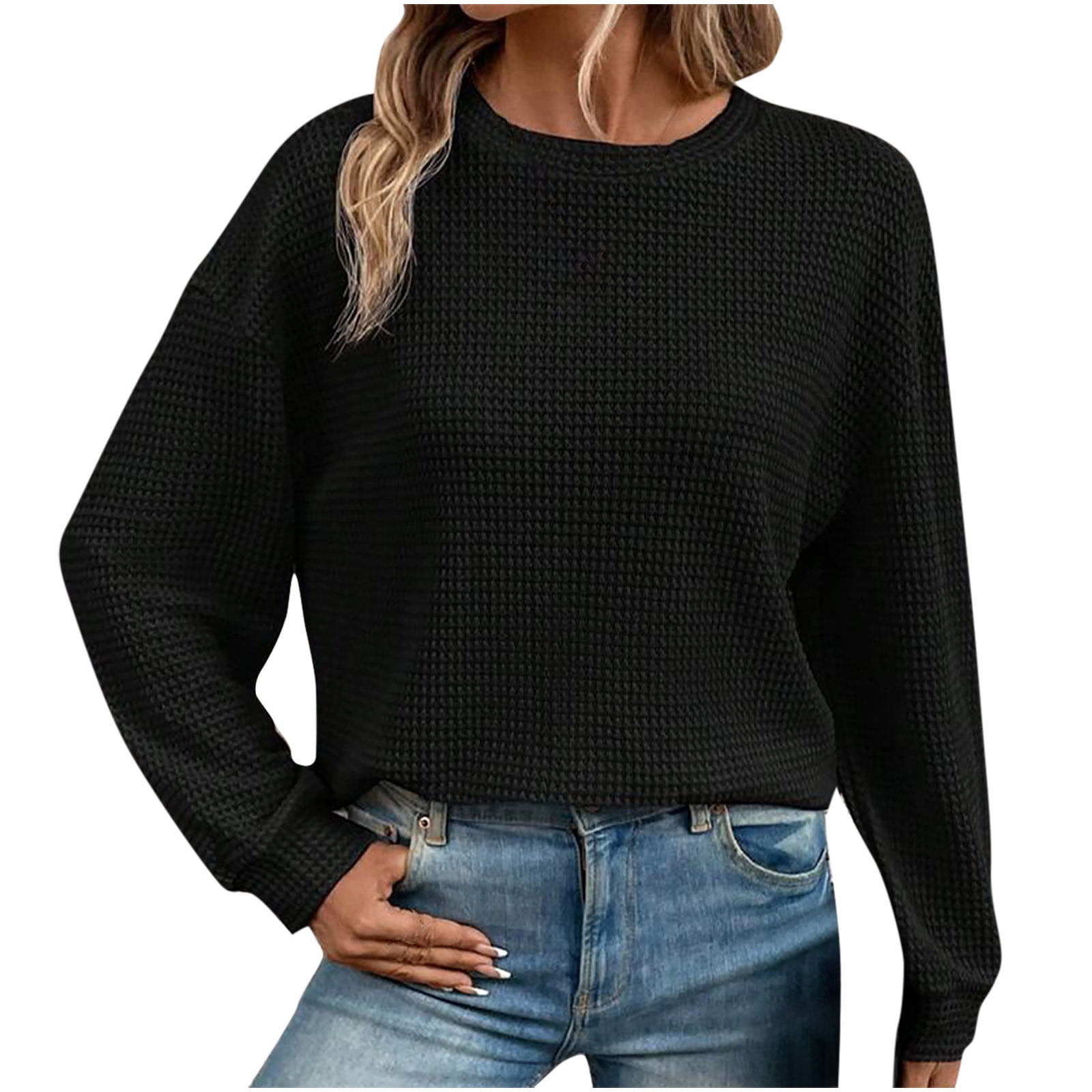 UYISJ Women's Fall Long Sleeve Crew Neck Waffle Knit Casual Loose ...