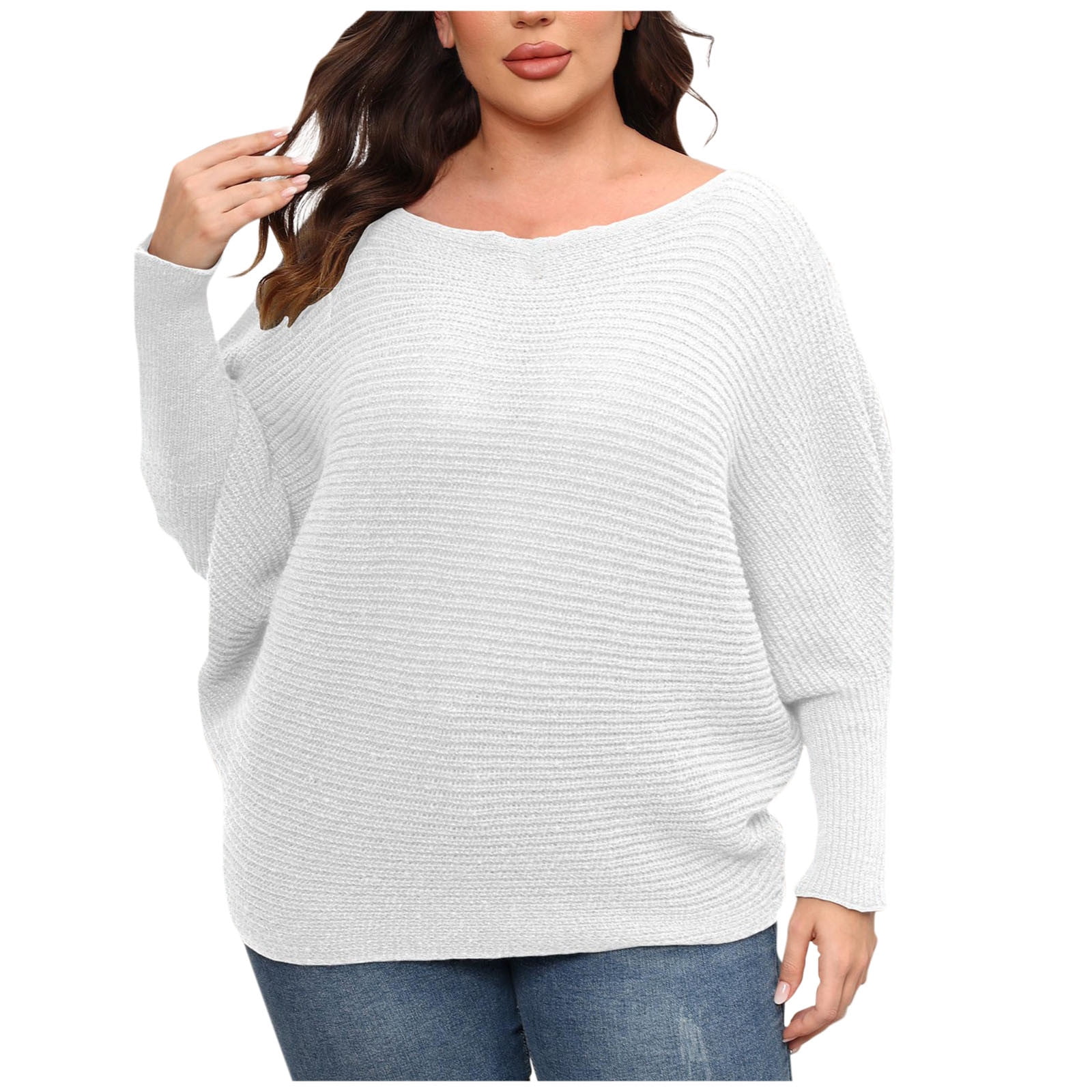 UYISJ Women's Long Bat Sleeves Ribbed Knit Sweater Crew Neck Loose Fit ...
