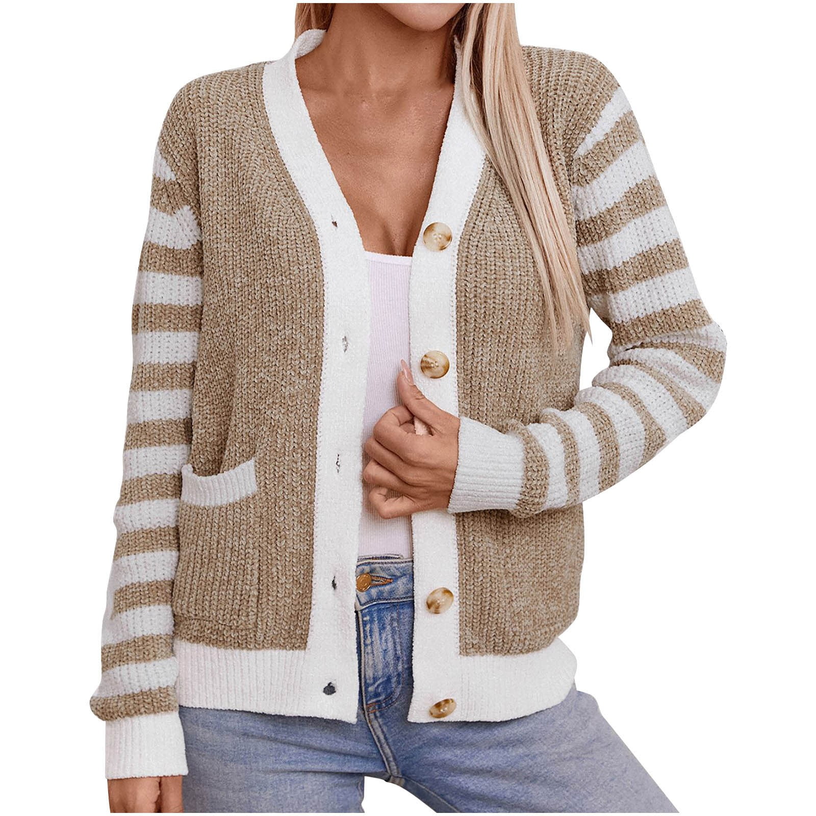 UYISJ Women's Long Sleeve Knitted Coats Striped Open Front Cardigan ...