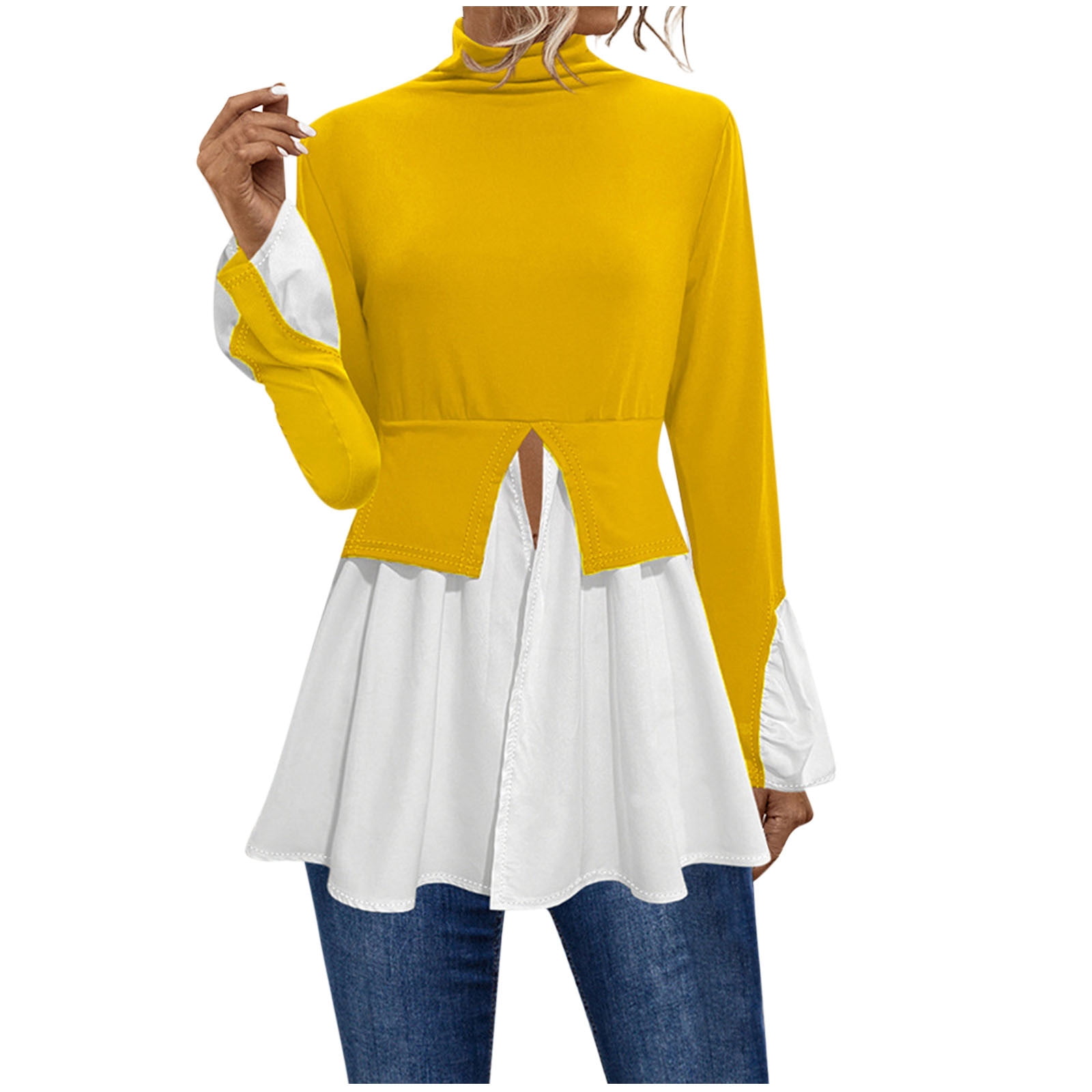 UYISJ Women's Patchwork Peplum Blouse Dressy Mock Neck Long Sleeve Tops ...