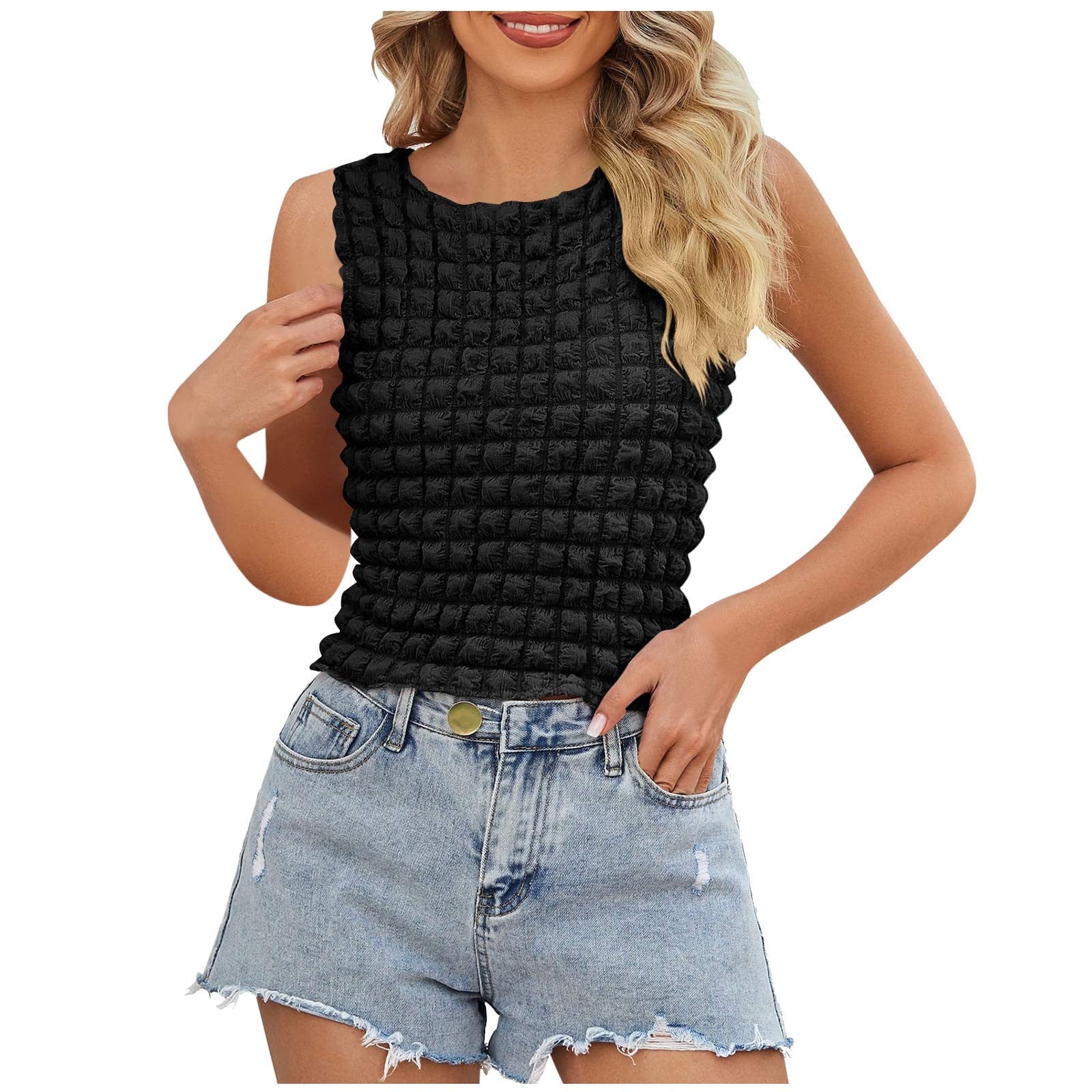 UYISJ Women's Popcorn Crop Tops Sleeveless Crew Neck Shirt Cute ...