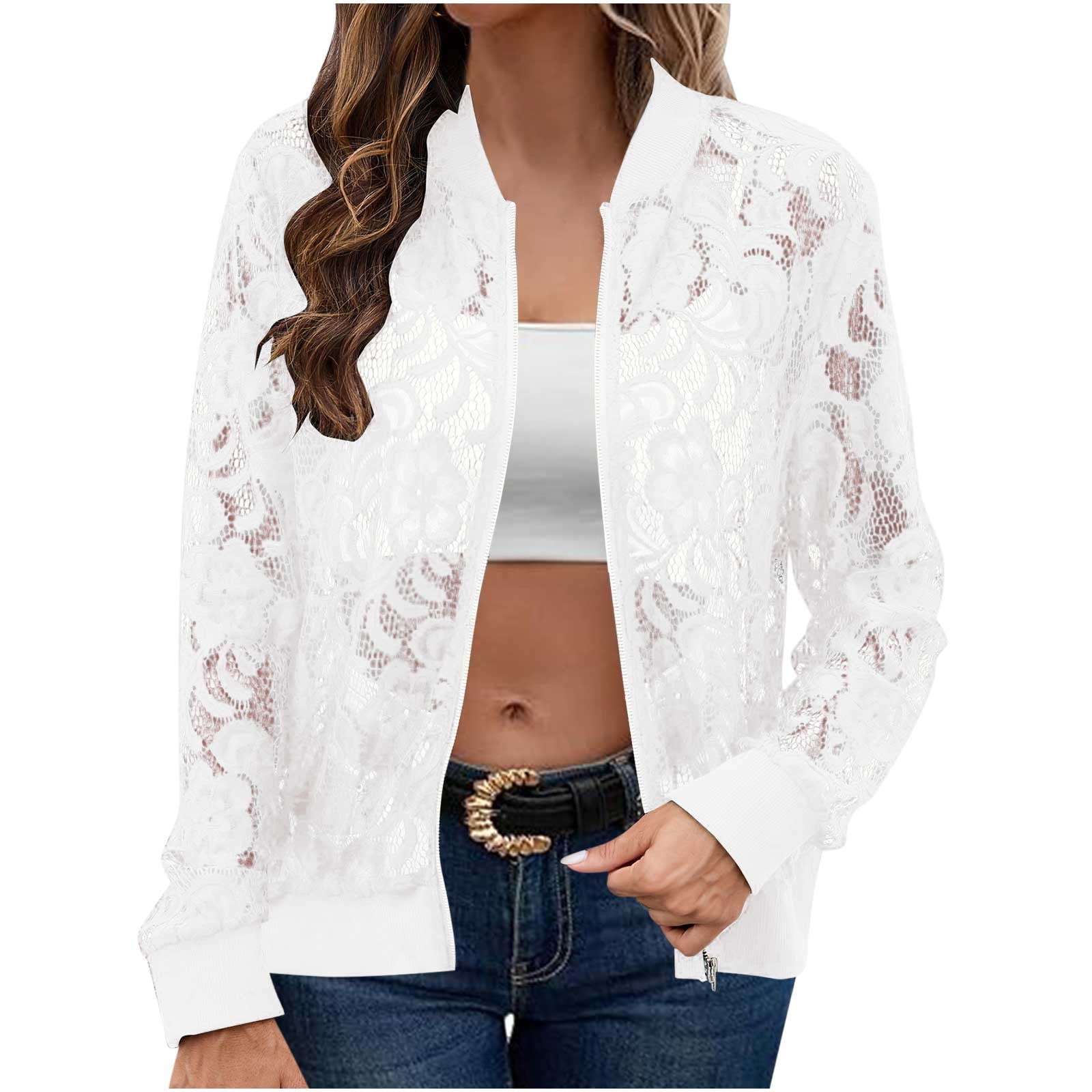 UYISJ Women's Sheer Floral Lace Coats Long Sleeve Zip Up Bomber Jacket ...