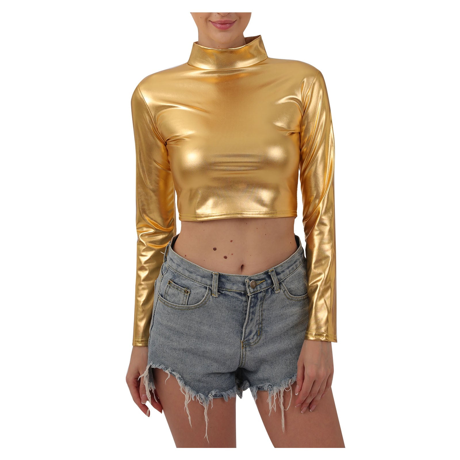 UYISJ Women's Shiny Metallic Liquid Crop Top Long Sleeve Mock Neck ...